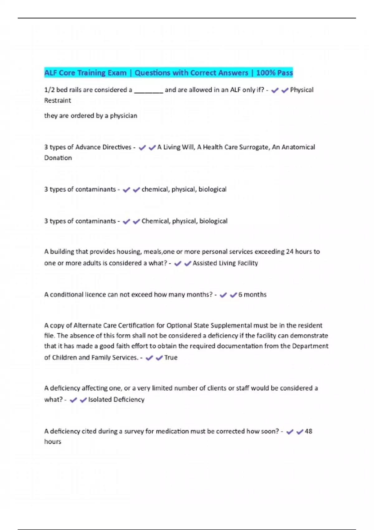 ALF Core Training Exam | Questions with Correct Answers | 100% Pass ...