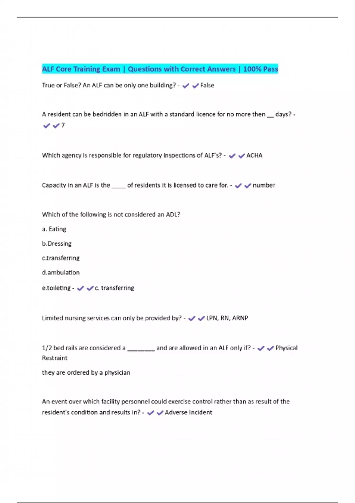 ALF Core Training Exam | Questions with Correct Answers | 100% Pass ...