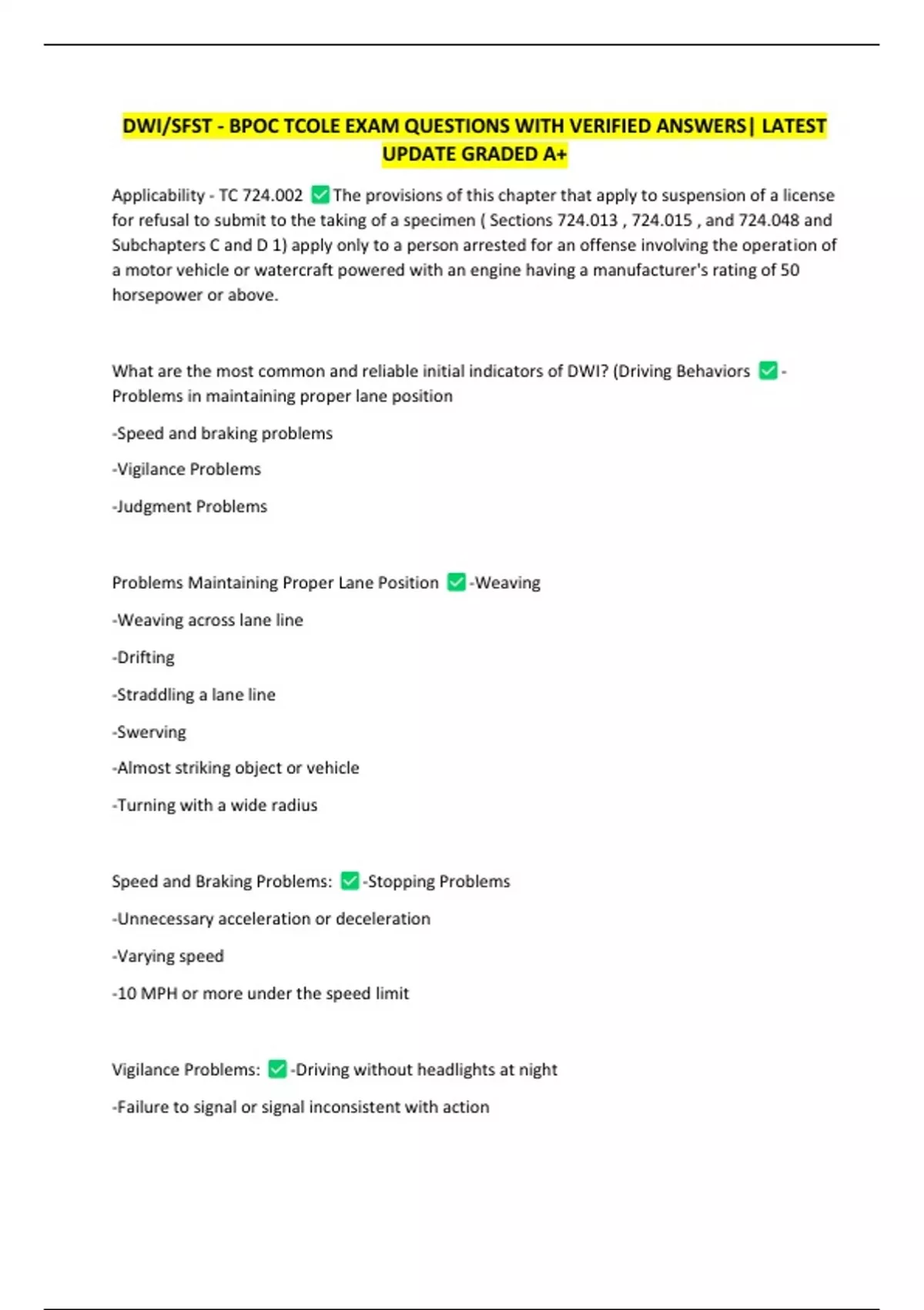 DWI/SFST - BPOC TCOLE EXAM QUESTIONS WITH VERIFIED ANSWERS| LATEST ...