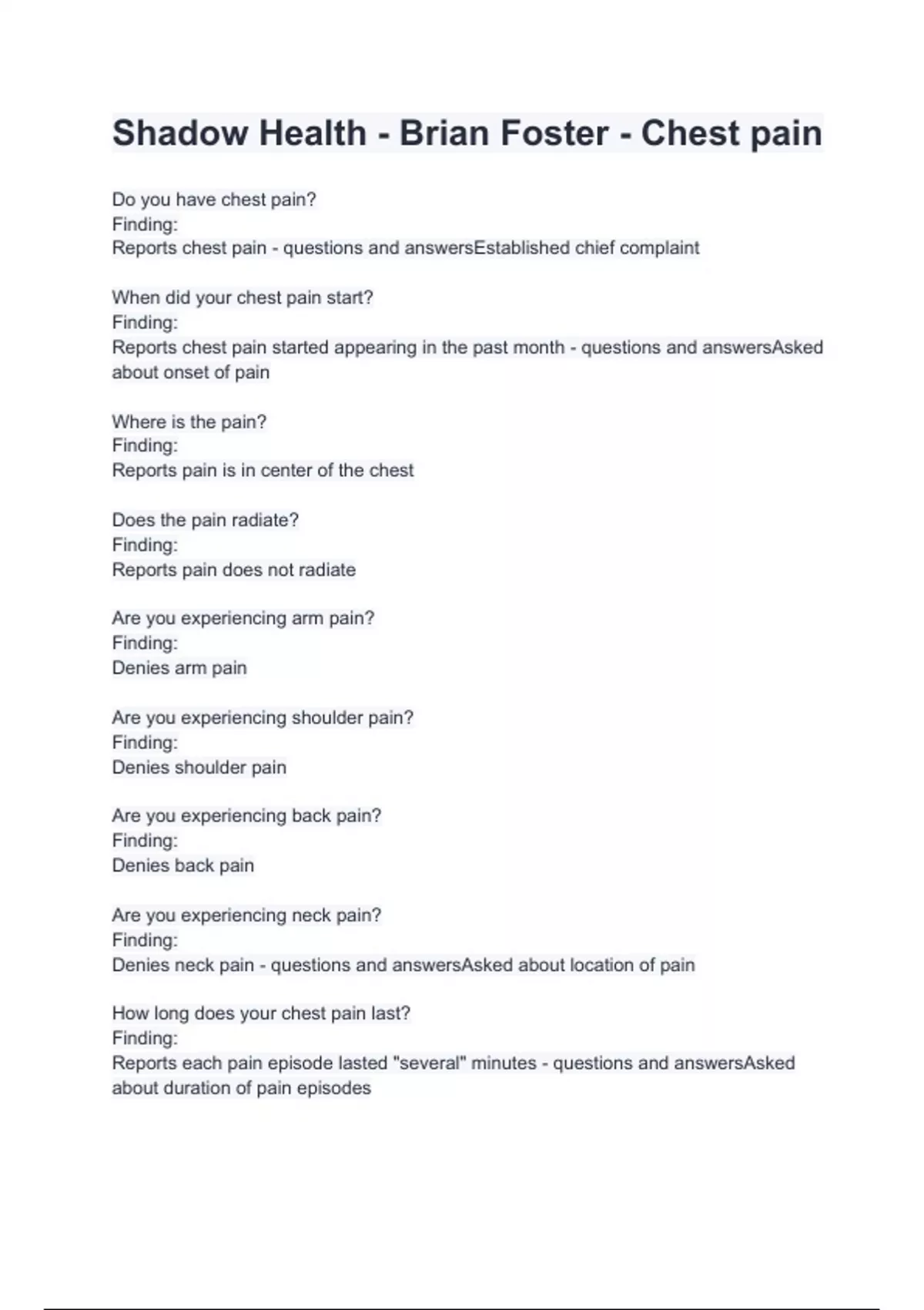 Shadow Health - Brian Foster - Chest pain QUESTIONS AND ANSWERS ...