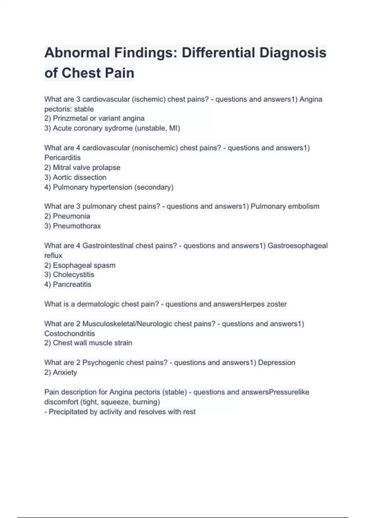 Abnormal Findings_ Differential Diagnosis of Chest Pain QUESTIONS AND ...