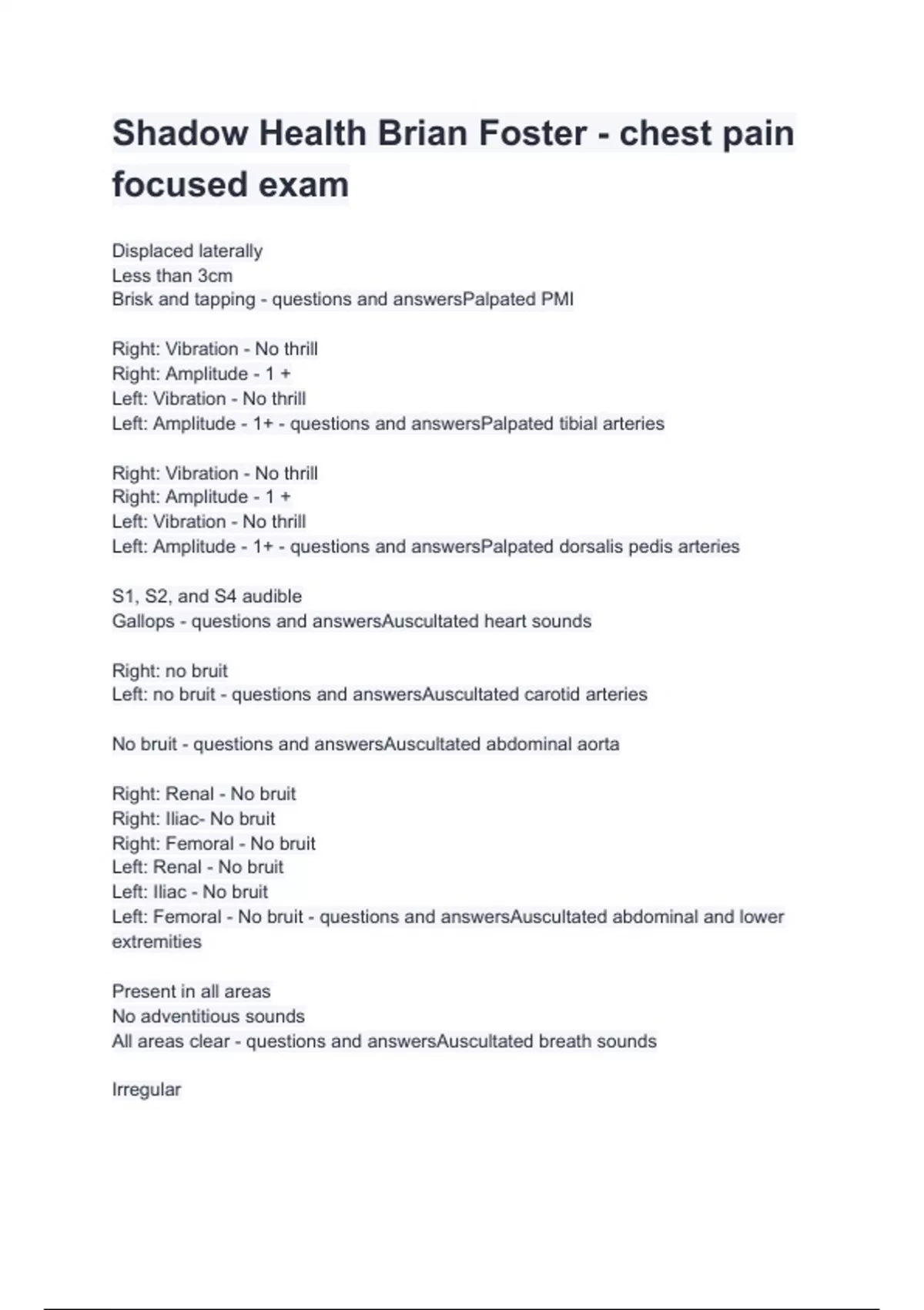 Shadow Health Brian Foster - chest pain focused exam QUESTIONS AND ...