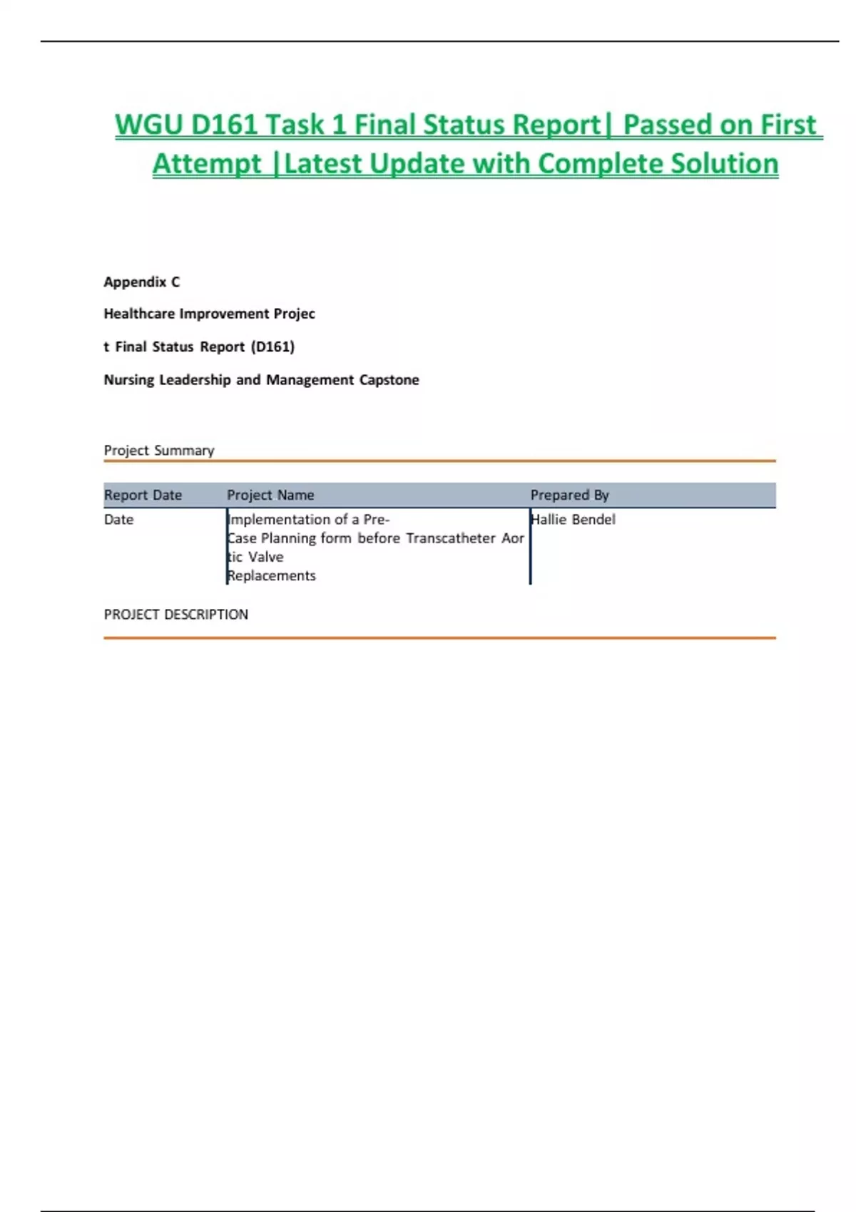 WGU D161 Task 1 Final Status Report| Passed on First Attempt |Latest ...