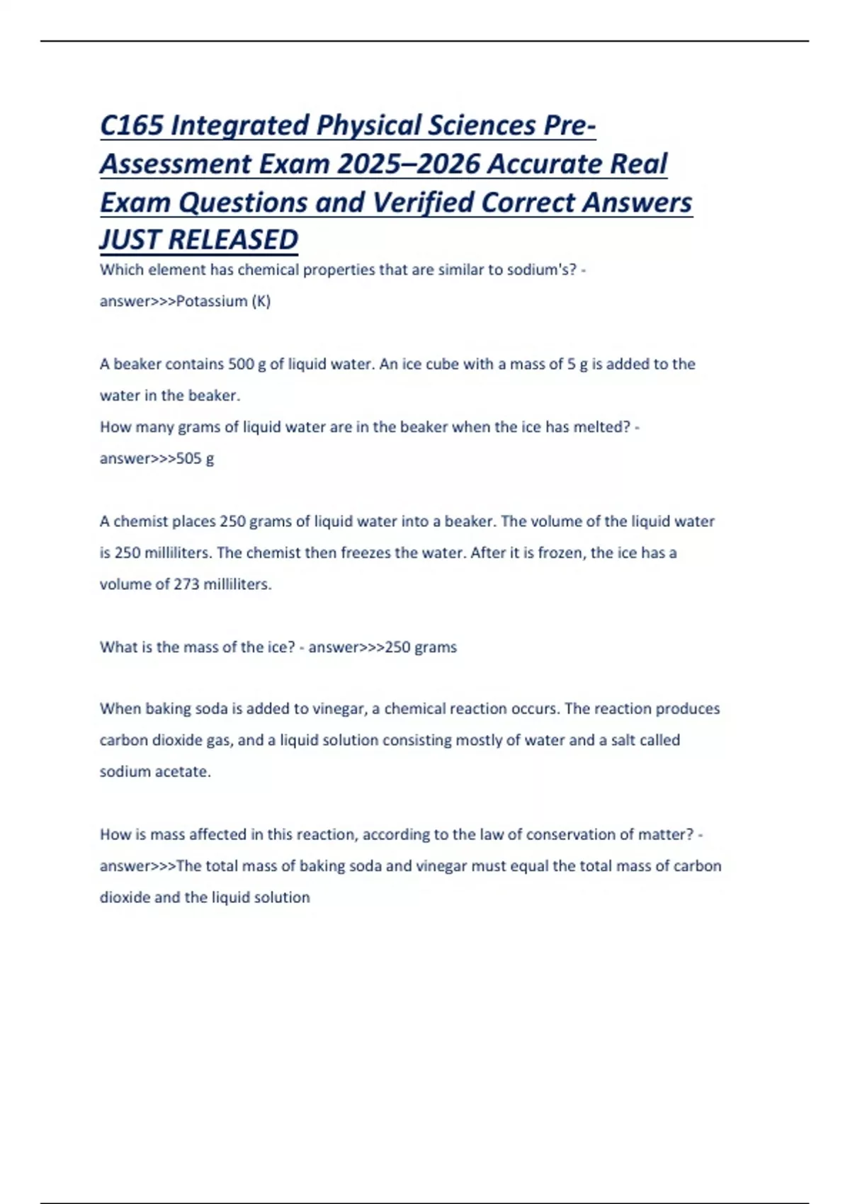 WGU C165 Integrated Physical Sciences Pre-Assessment Exam 2025–2026 ...