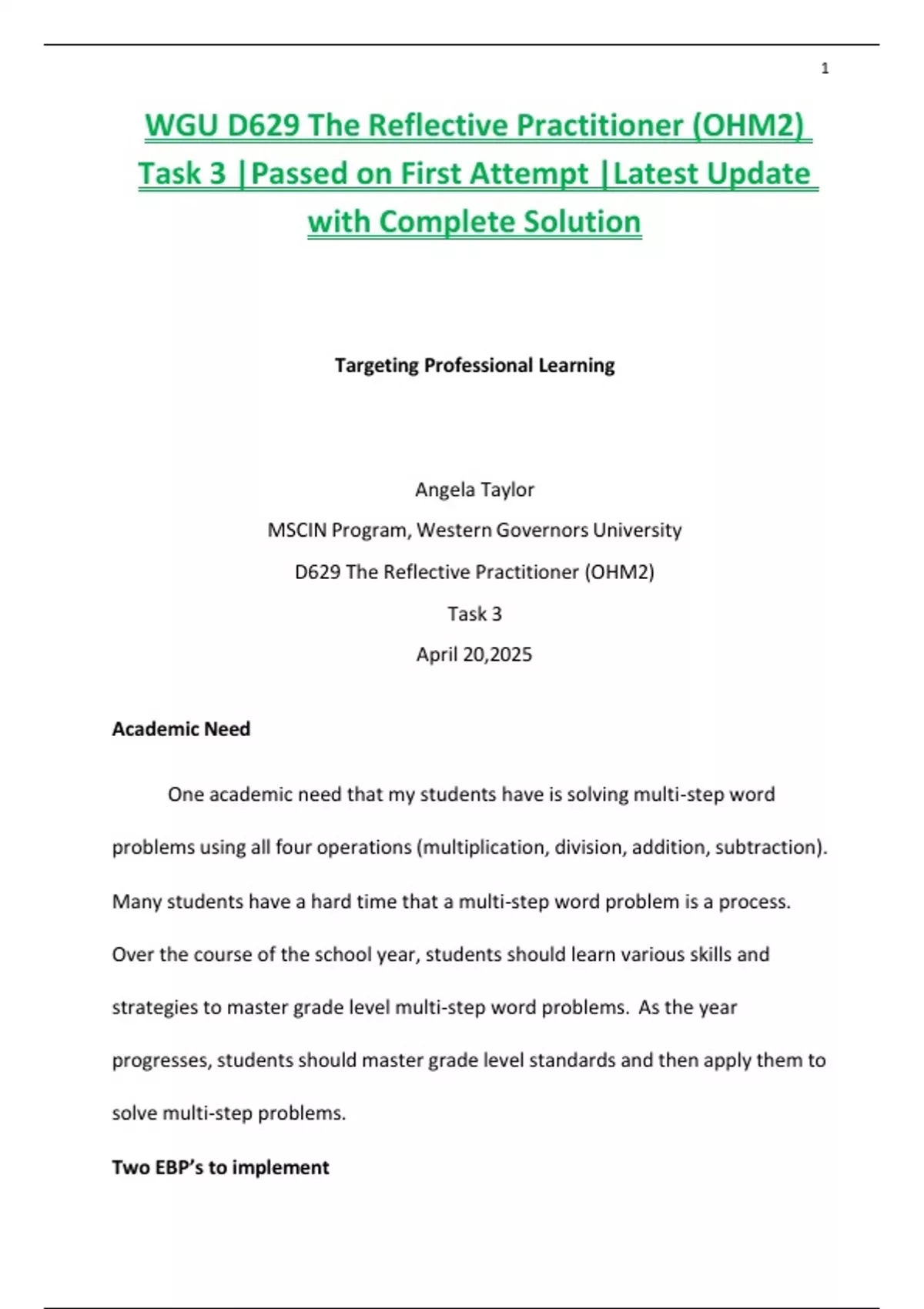 WGU D629 The Reflective Practitioner (OHM2) Task 3 |Passed on First ...