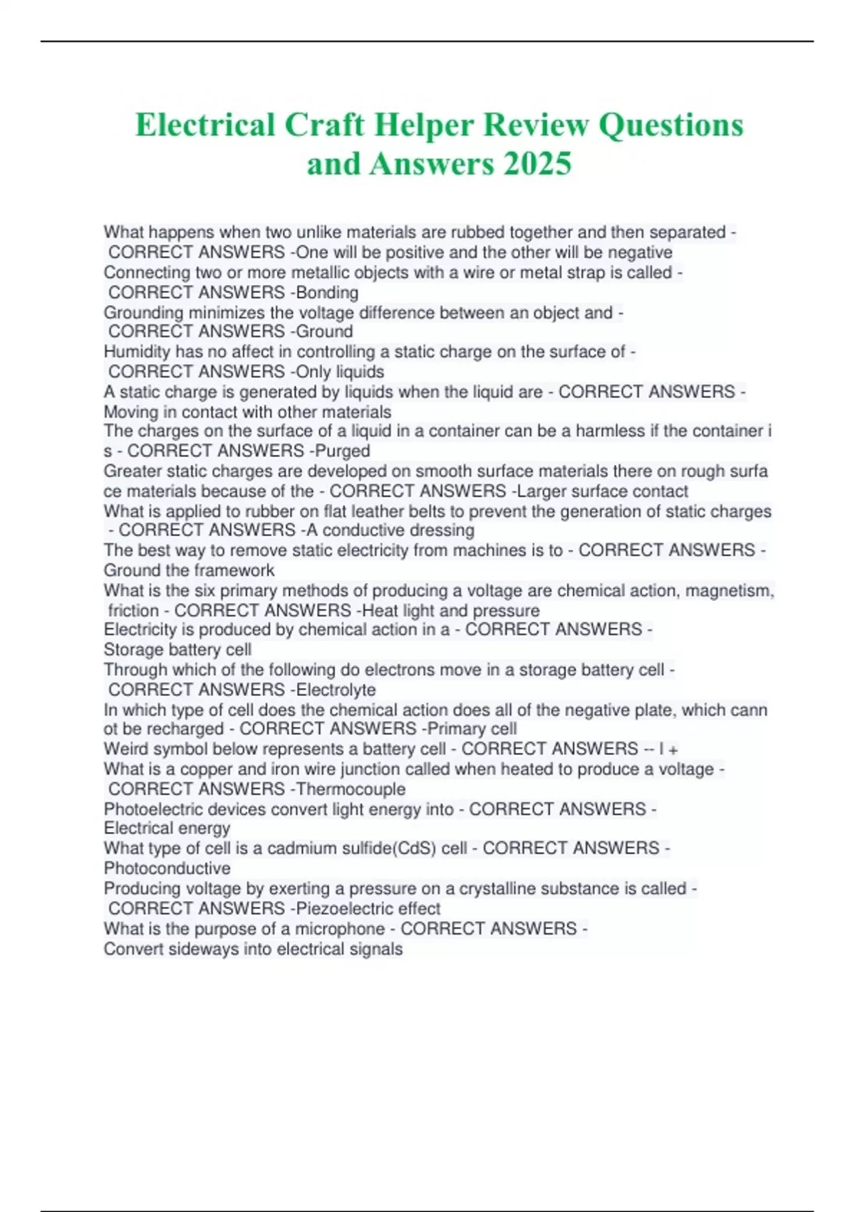 Electrical Craft Helper Review Questions and Answers 2025 - Electrical Craft Helper - Stuvia US