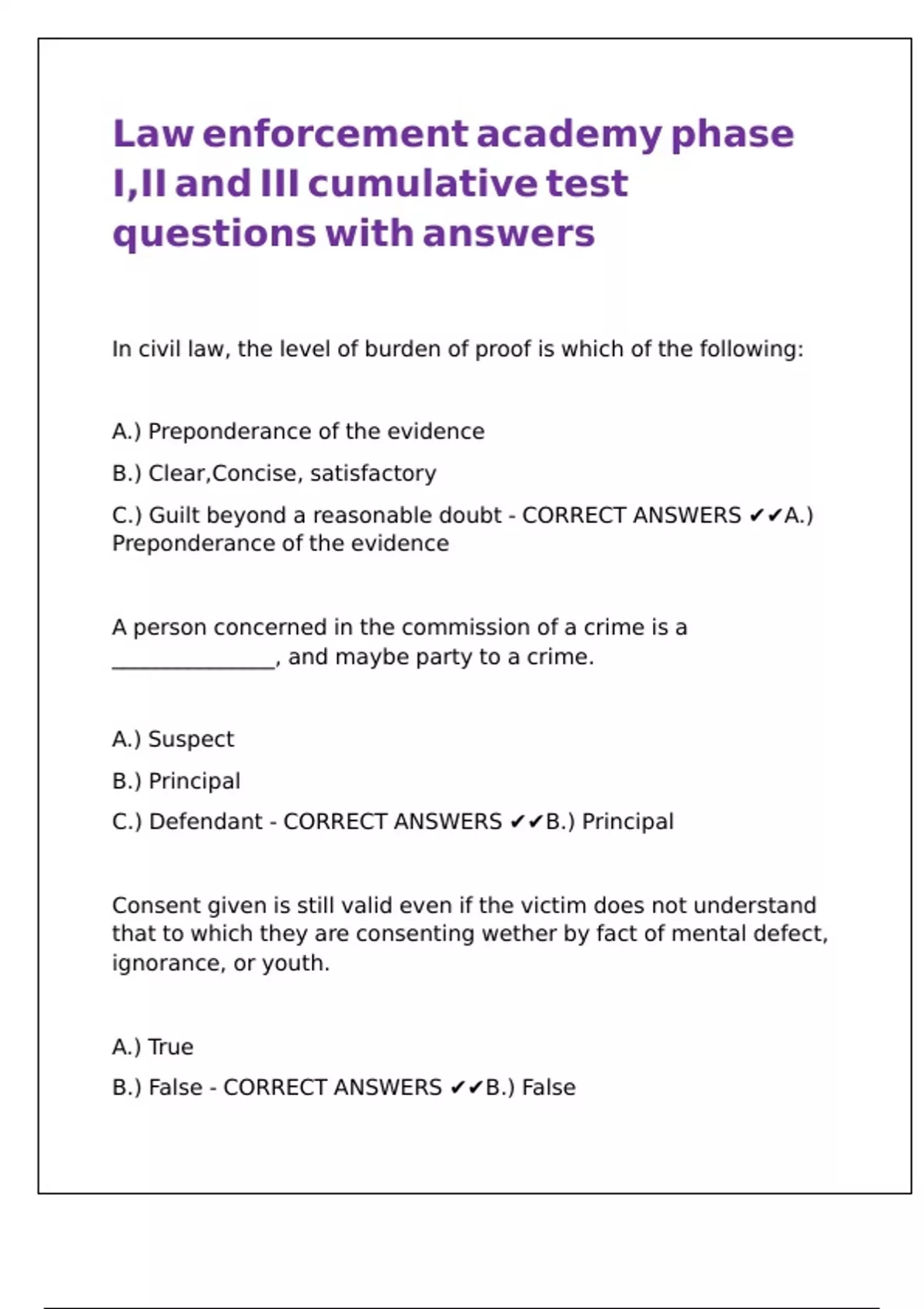 Law enforcement academy phase I,II and III cumulative test questions ...