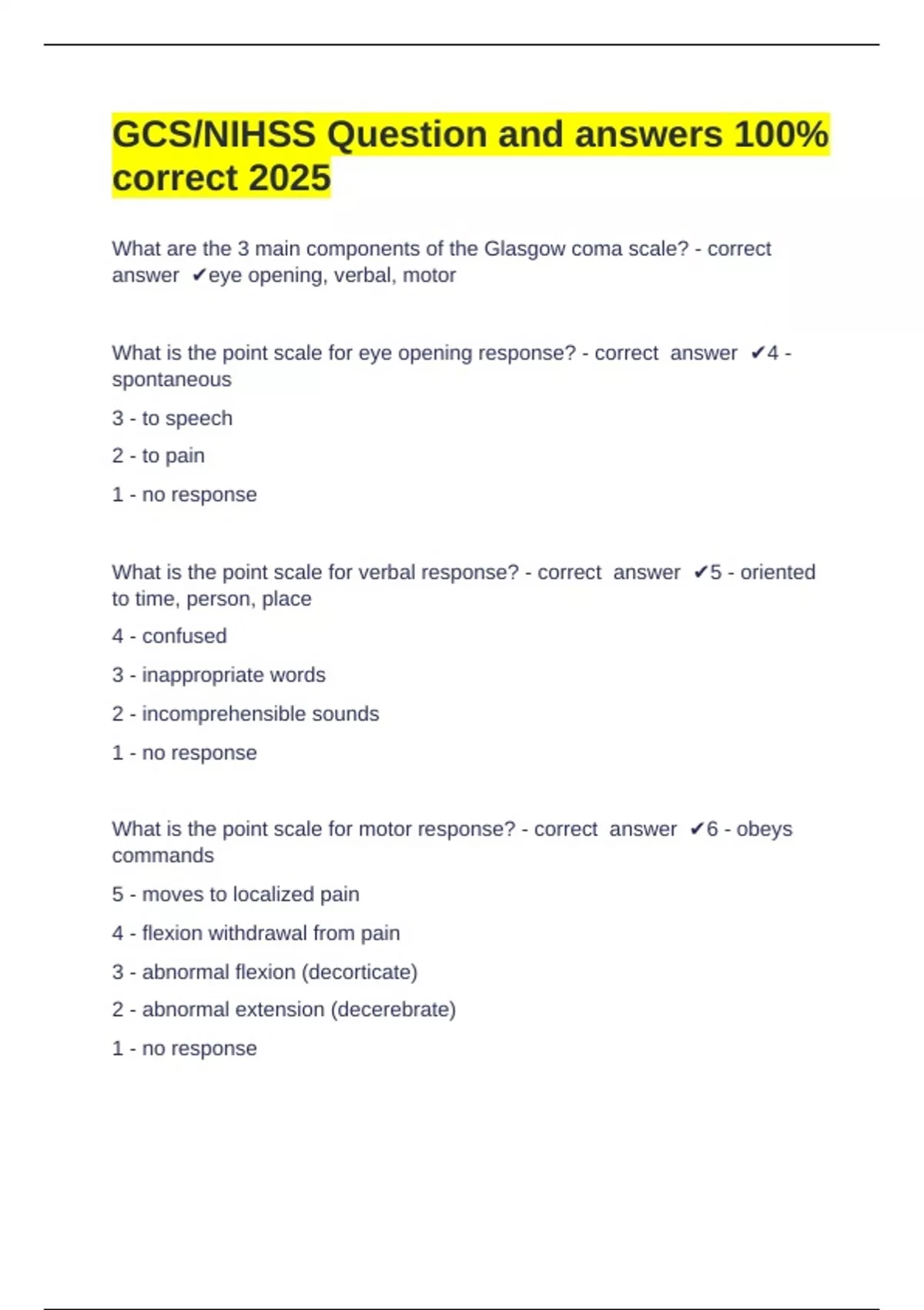 GCS/NIHSS Question and answers 100% correct 2025 - GCS/NIHSS - Stuvia US