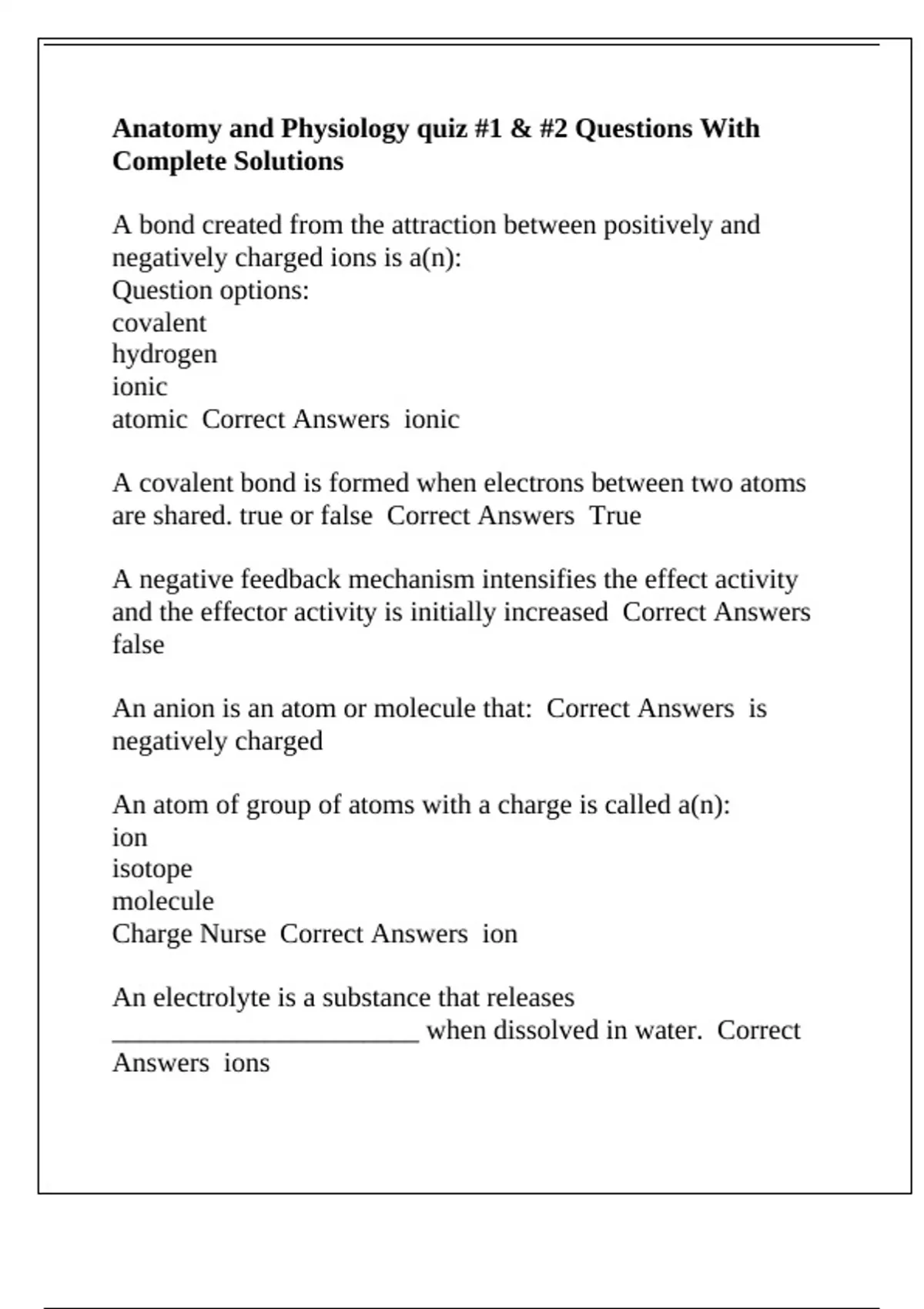 Anatomy and Physiology quiz #1 & #2 Questions With Complete Solutions ...