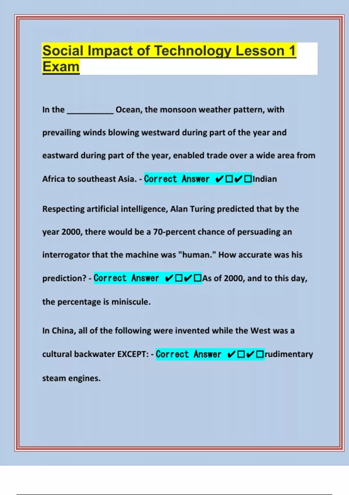 Social Impact of Technology Lesson 1 Exam - Social Impact of Technology ...
