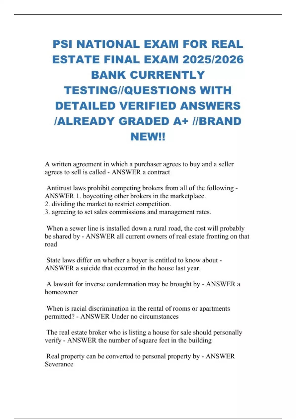 PSI NATIONAL EXAM FOR REAL ESTATE FINAL EXAM 2025/2026 BANK CURRENTLY ...