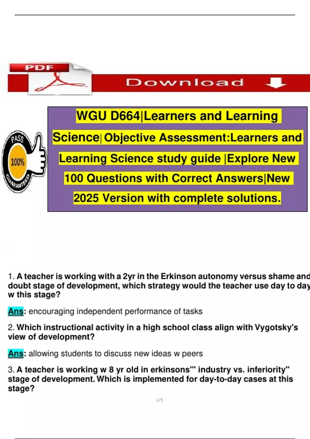 WGU D664|Learners and Learning Science| Objective Assessment:Learners and Learning Science study ...