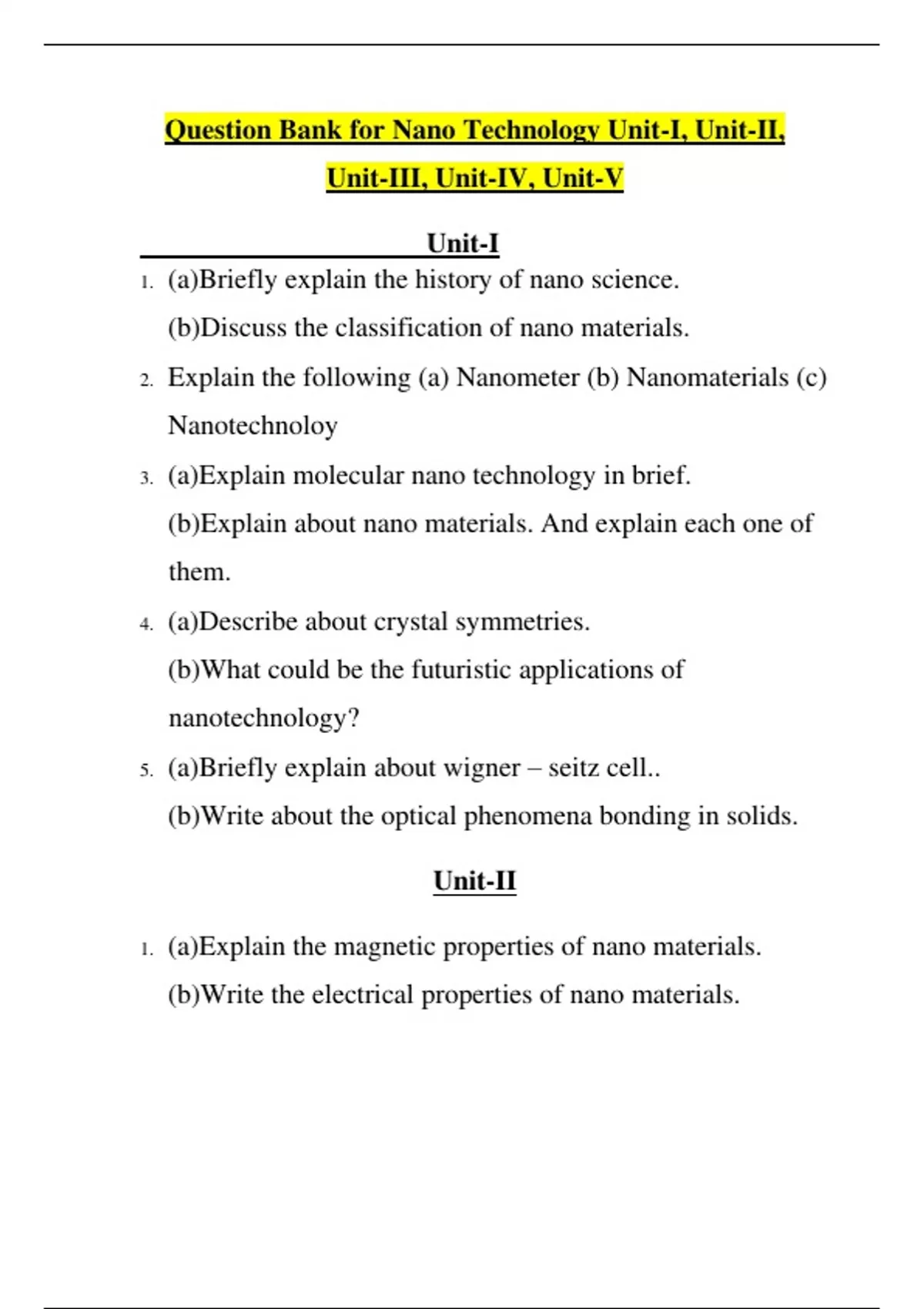 Nano Technology – Complete Question Bank with Answers (Units I–V ...