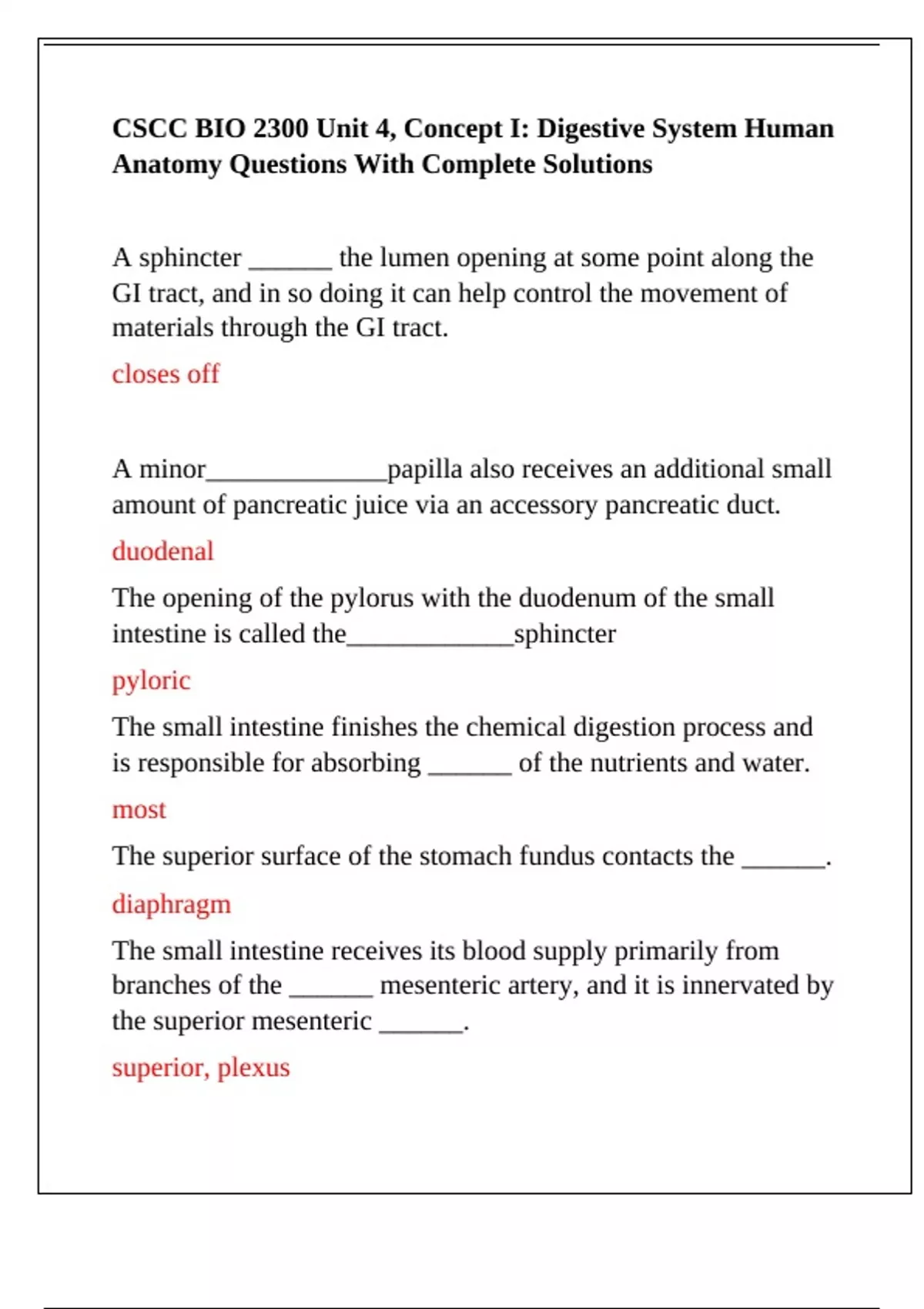 CSCC BIO 2300 Unit 4, Concept I: Digestive System Human Anatomy ...