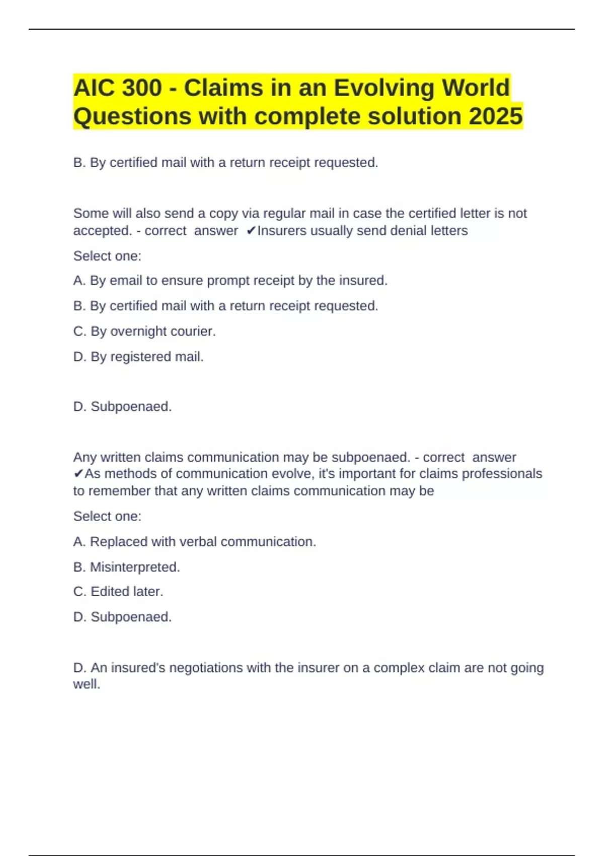 AIC 300 - Claims in an Evolving World Questions with complete solution ...