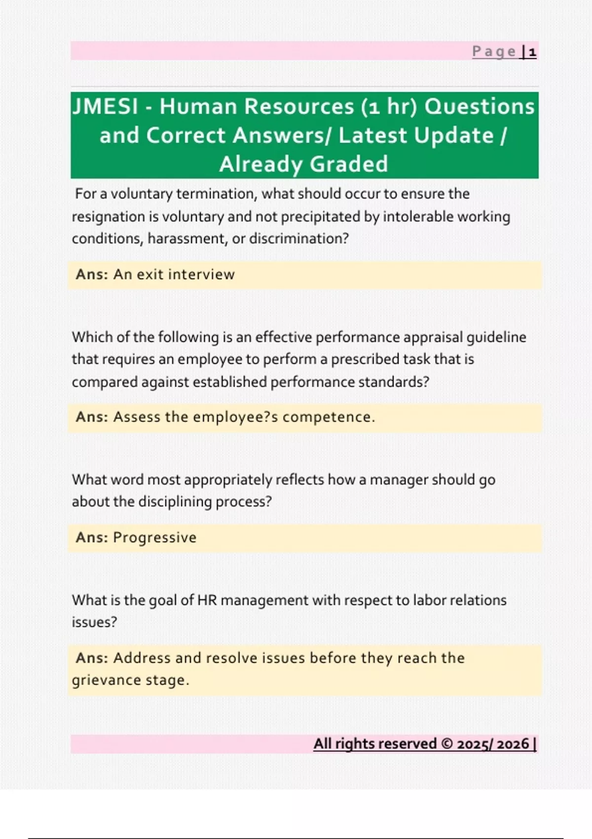 JMESI - Human Resources (1 hr) Questions and Correct Answers/ Latest ...