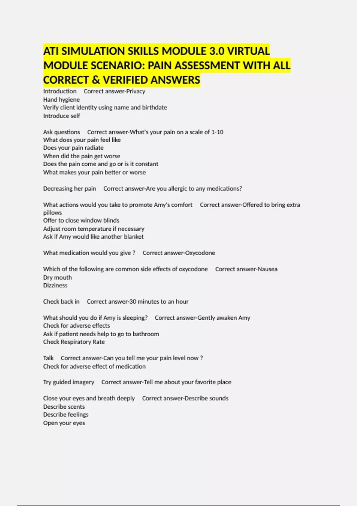 ATI SIMULATION SKILLS MODULE 3.0 VIRTUAL MODULE SCENARIO: PAIN ...