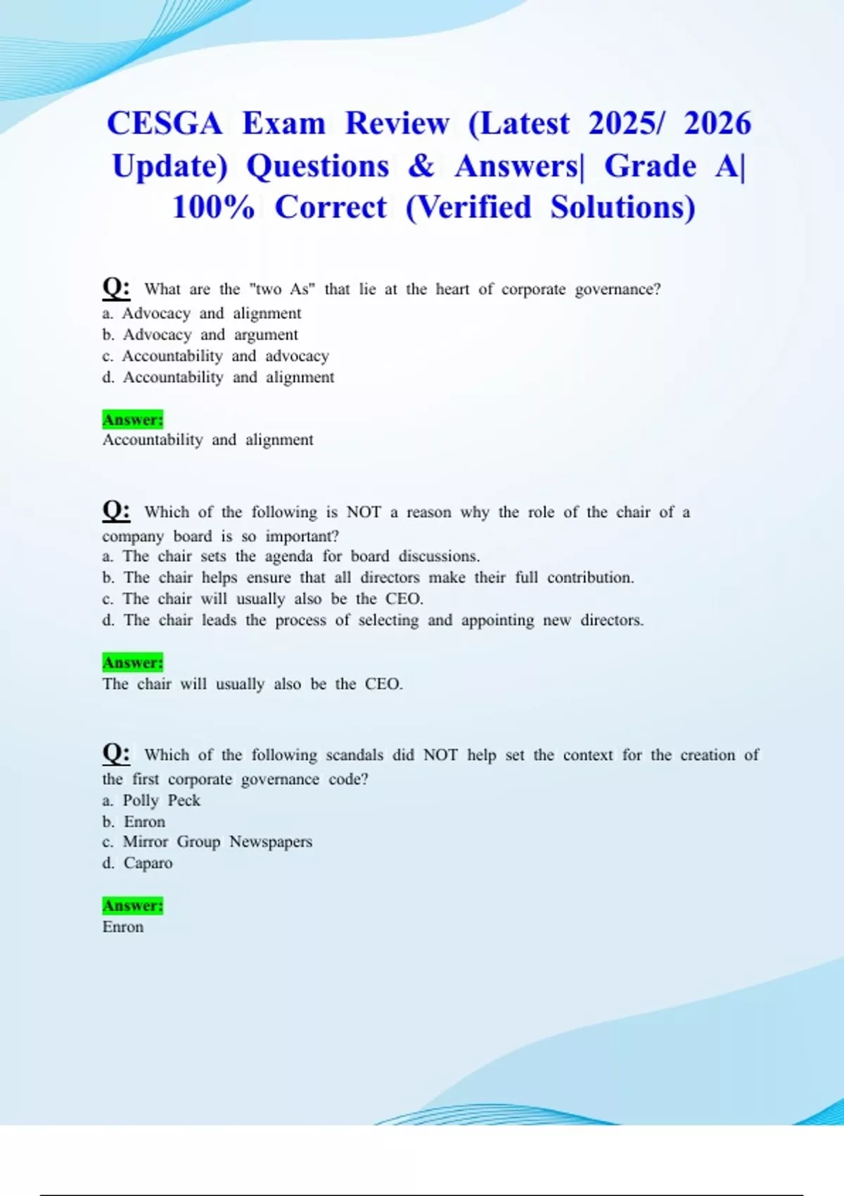 CESGA Exam Review (Latest 2025/ 2026 Update) Questions & Answers| Grade ...