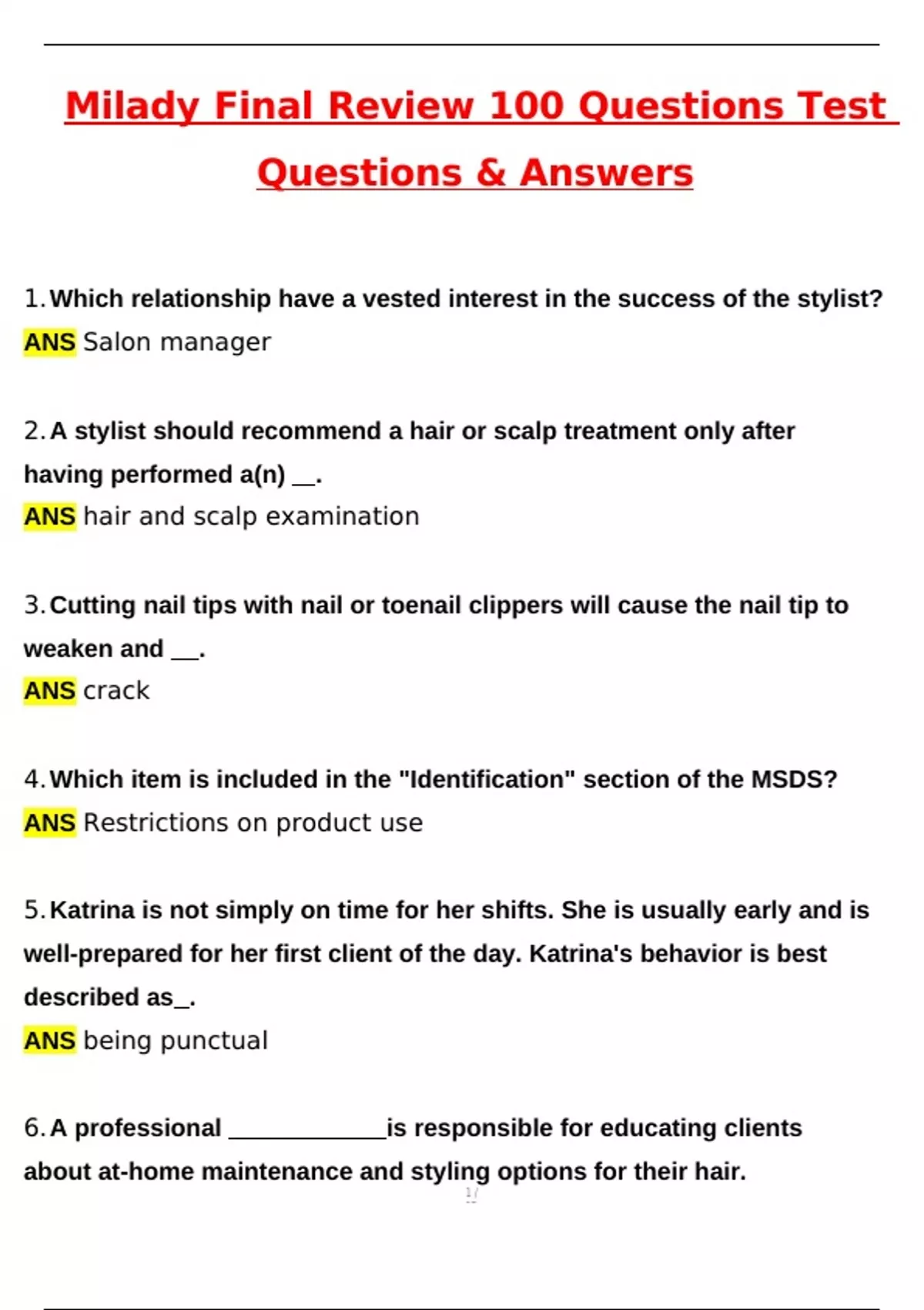 MILADY'S Cosmetology Final Review 100 Questions Test Latest 2025 Actual ...