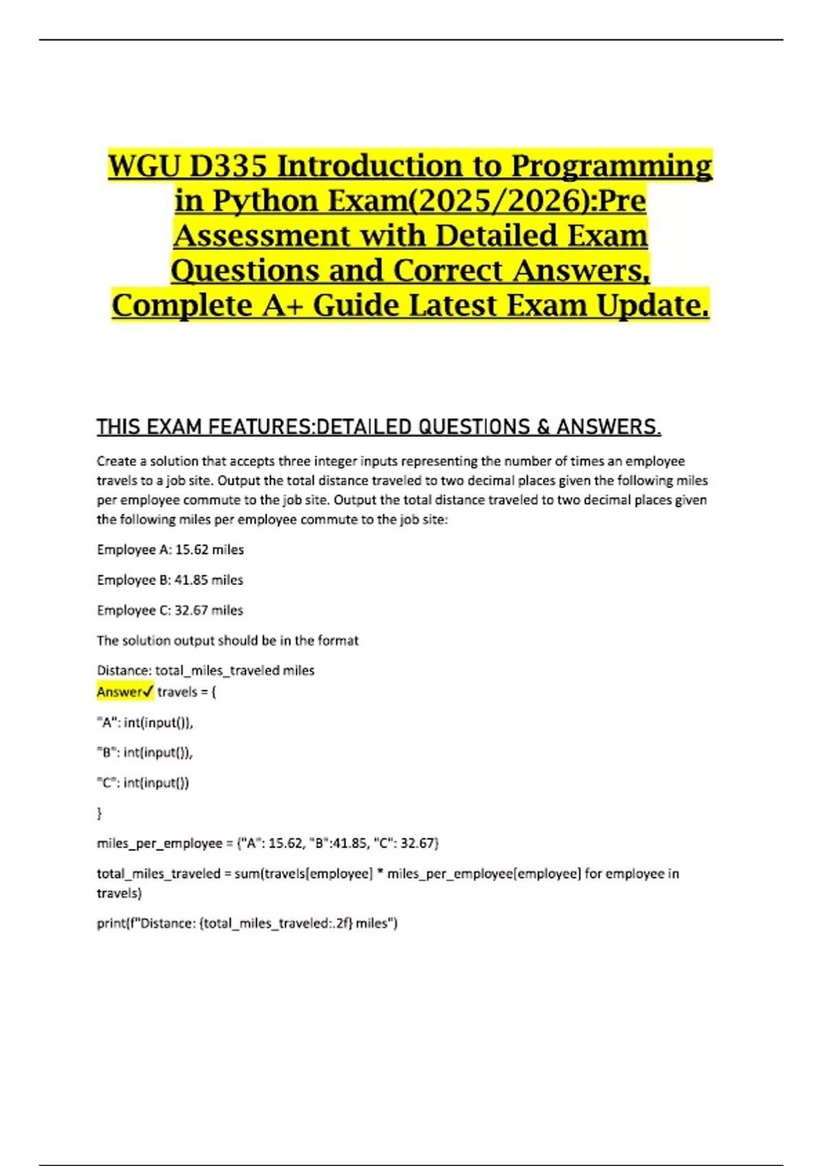 WGU D335 Introduction to Programming in Python Exam(2025/2026):Pre Assessment with Detailed Exam ...