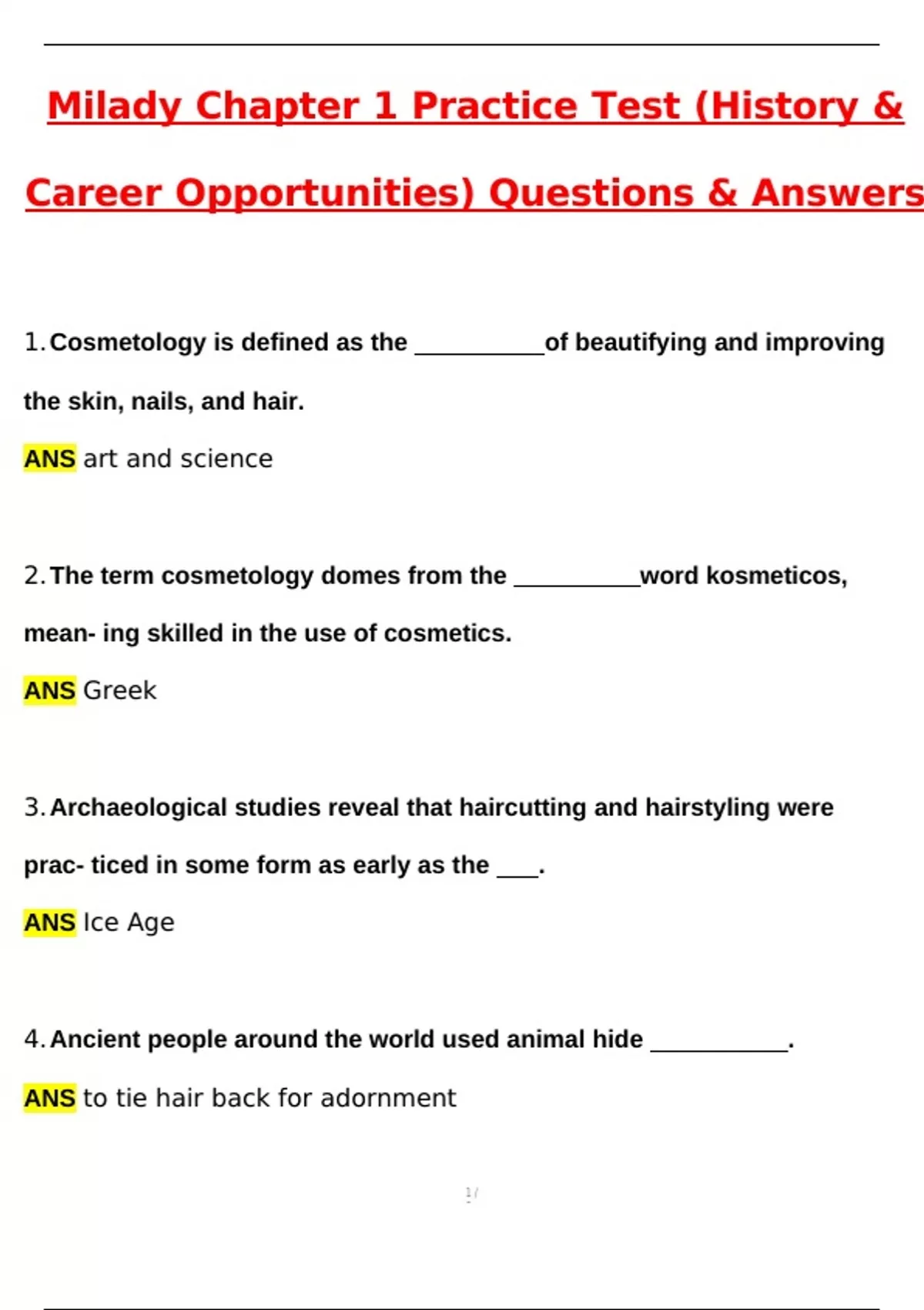 MILADY'S Cosmetology Chapter 1 Practice Test (History & Career ...