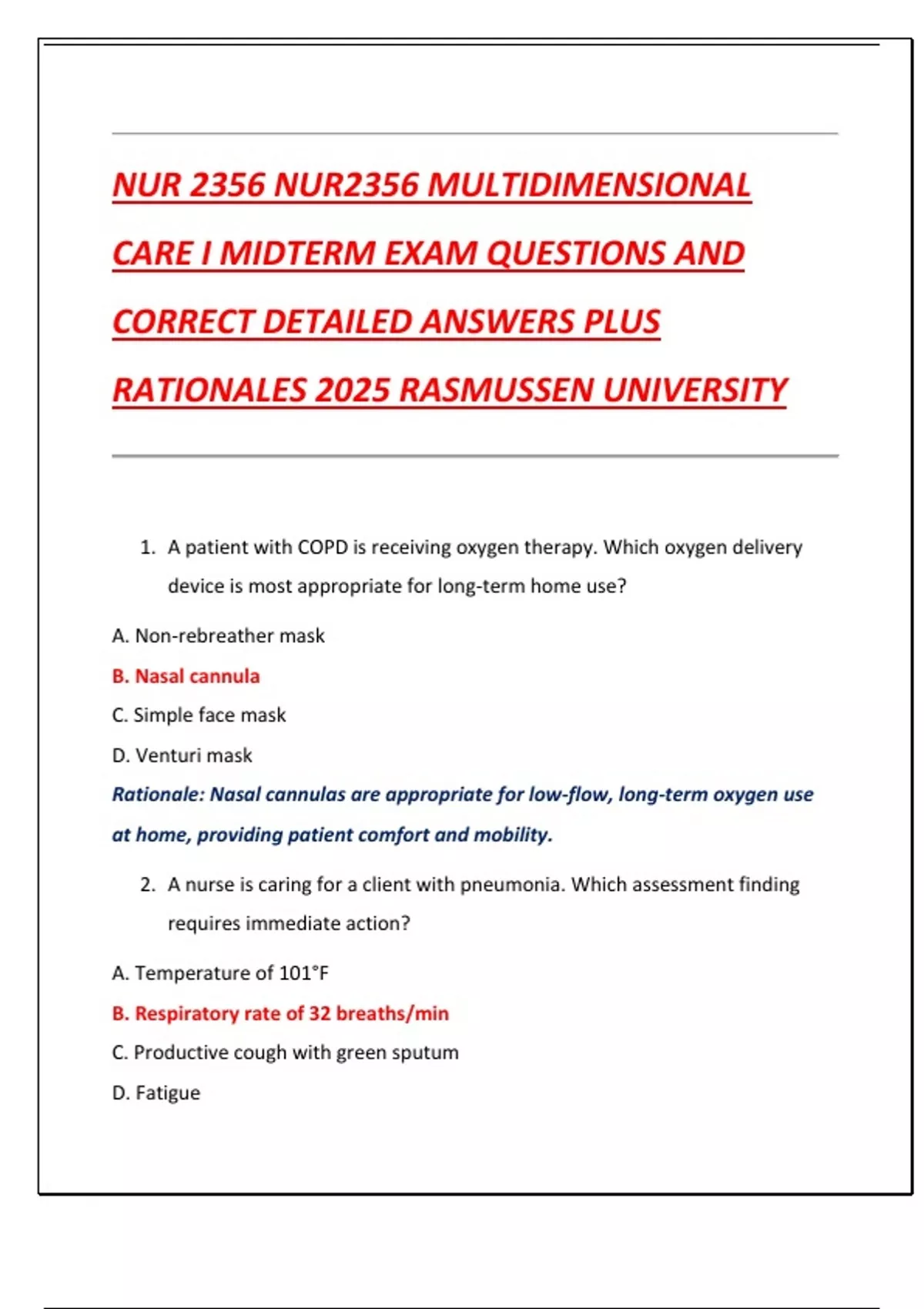NUR 2356 NUR2356 MULTIDIMENSIONAL CARE I MIDTERM EXAM QUESTIONS AND ...