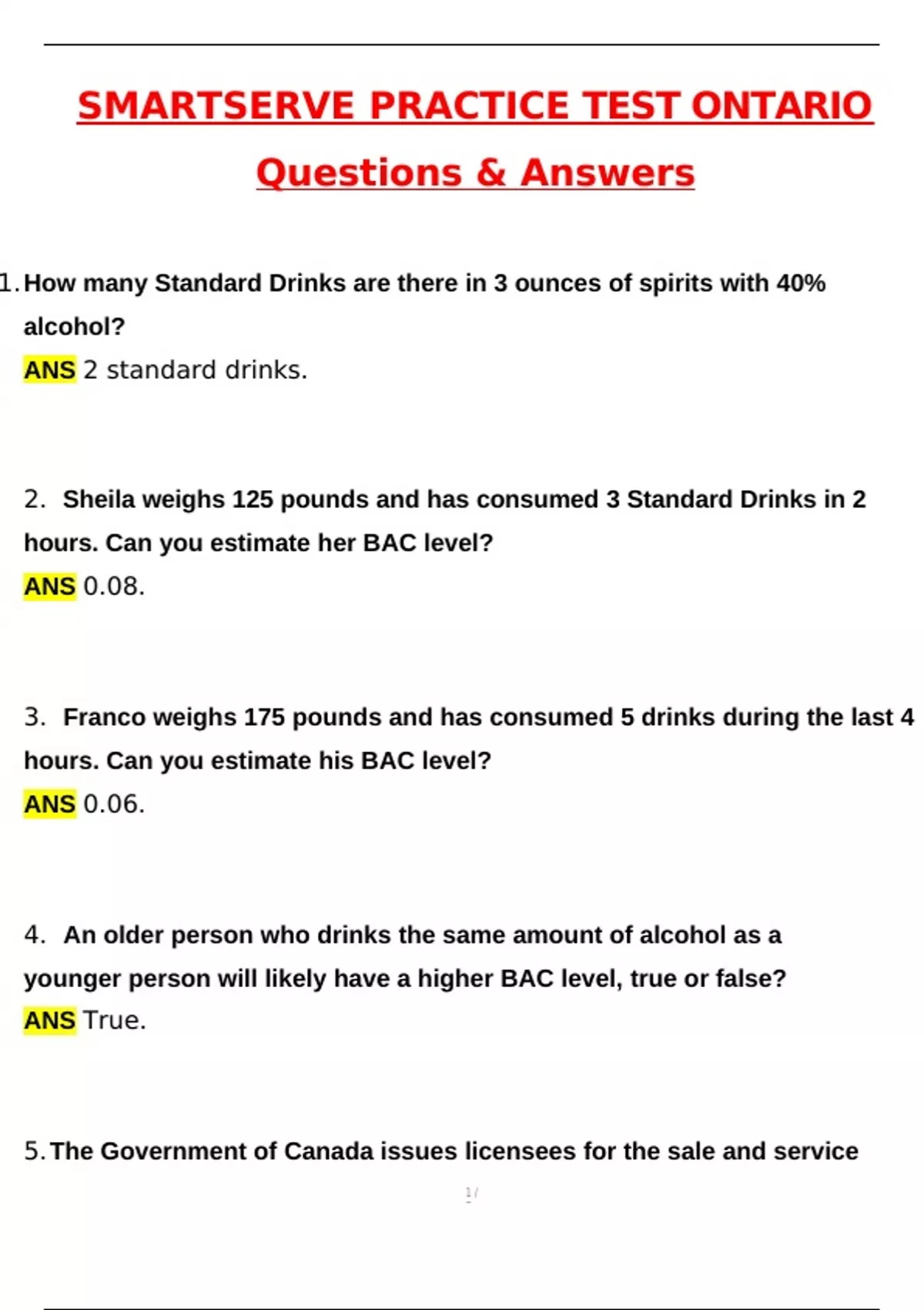 Smart Serve Practice Test Ontario Latest 2025 Actual Questions ...