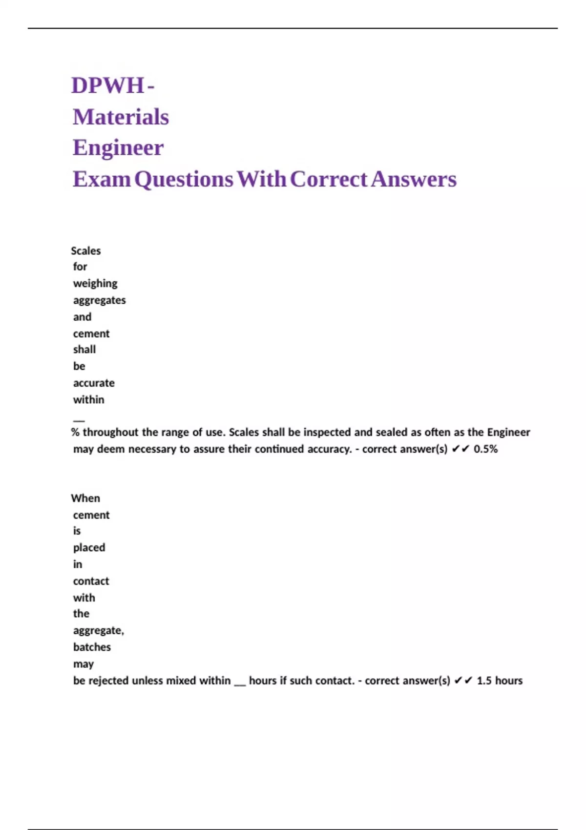 DPWH - Materials Engineer Exam Questions With Correct Answers - Pcab ...
