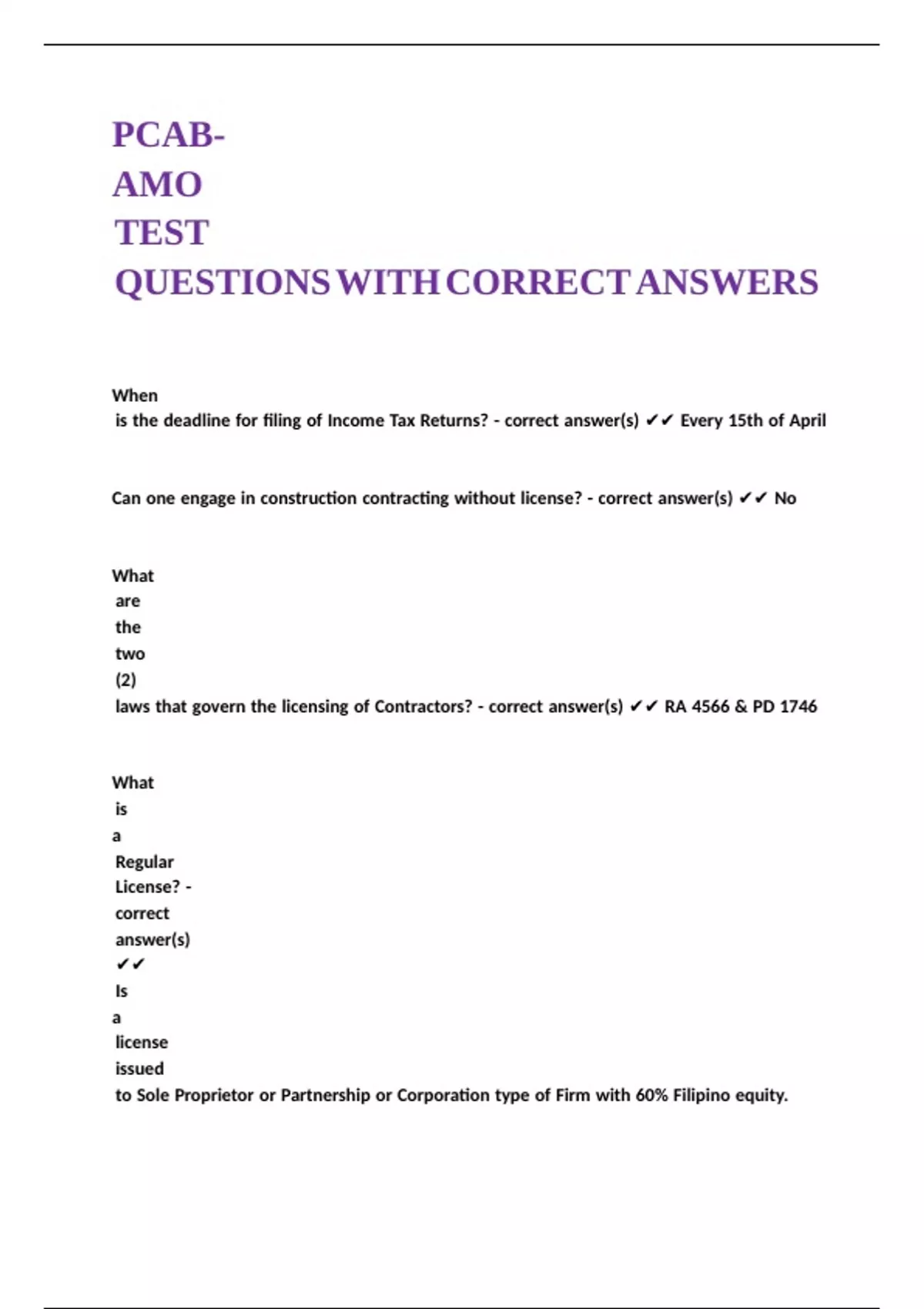 PCAB-AMO TEST QUESTIONS WITH CORRECT ANSWERS - Pcab-amo - Stuvia US