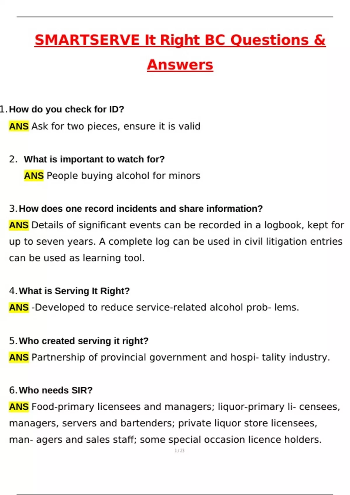 Smart Serve it Right BC Latest 2025 Actual Questions & Verified Answers ...