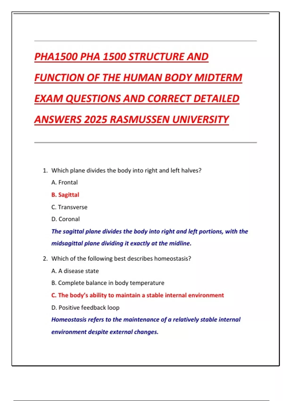 PHA1500 PHA 1500 STRUCTURE AND FUNCTION OF THE HUMAN BODY MIDTERM EXAM ...