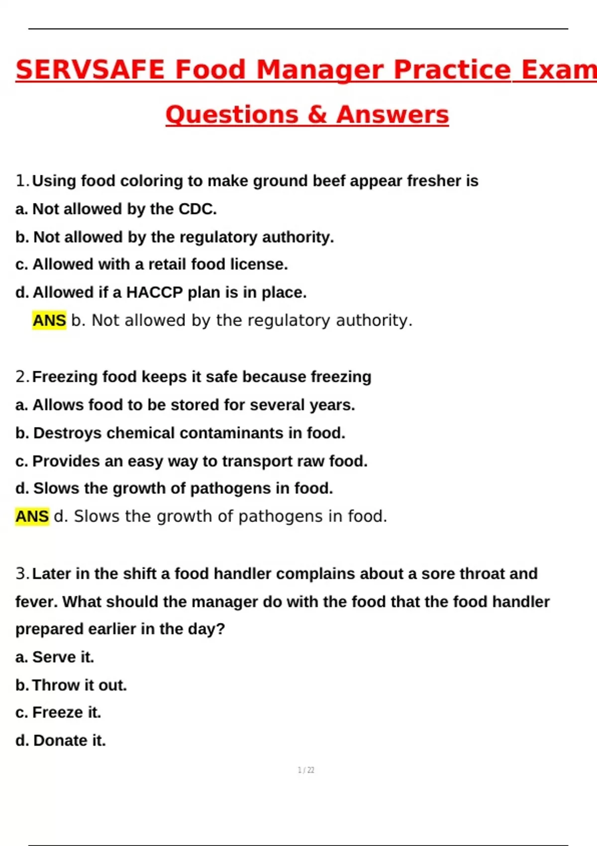 ServSafe Food Manager Practice Exam Latest 2025 Actual Questions ...