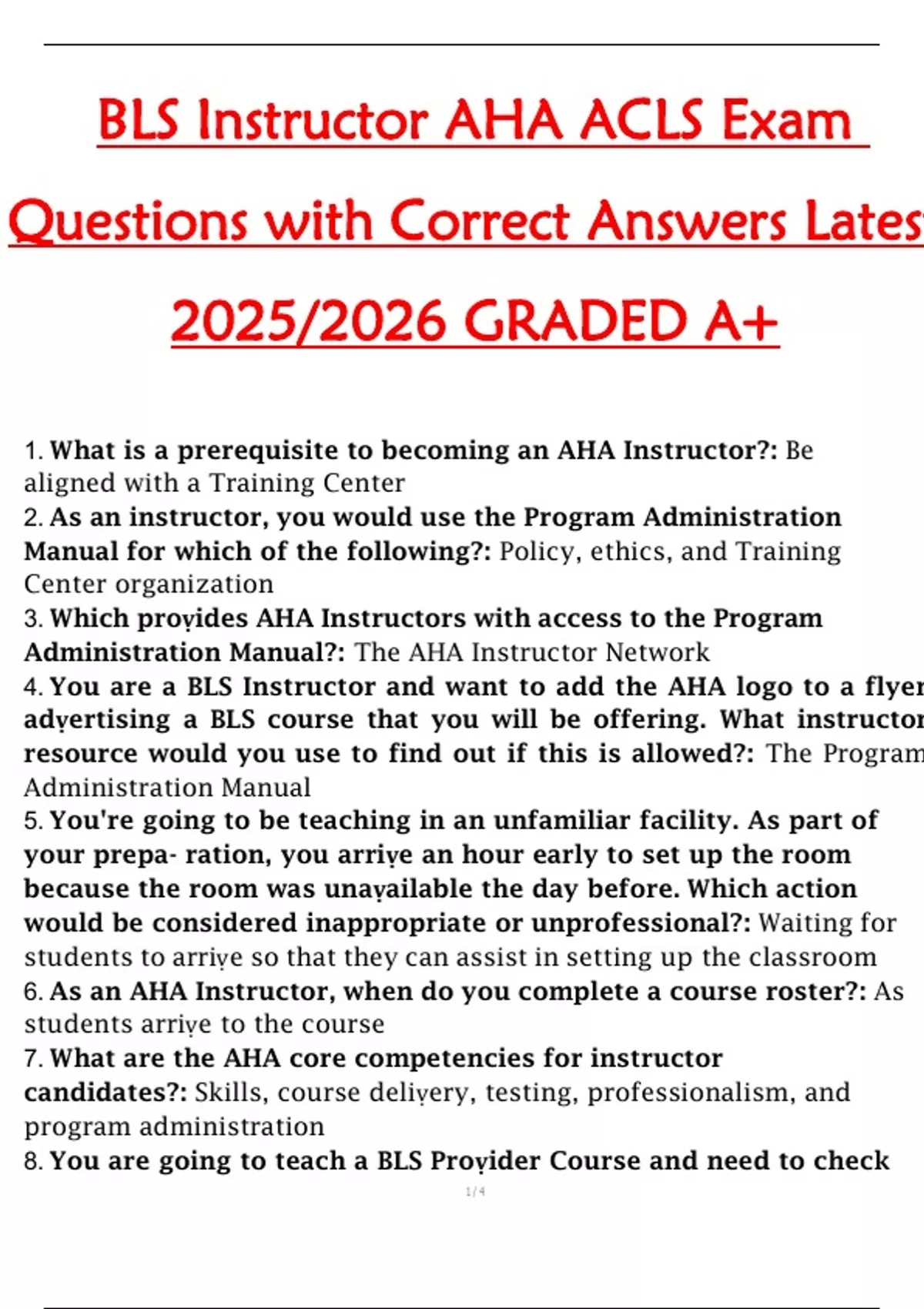 BLS Instructor AHA ACLS Exam Questions with Correct Answers Latest 2025 ...