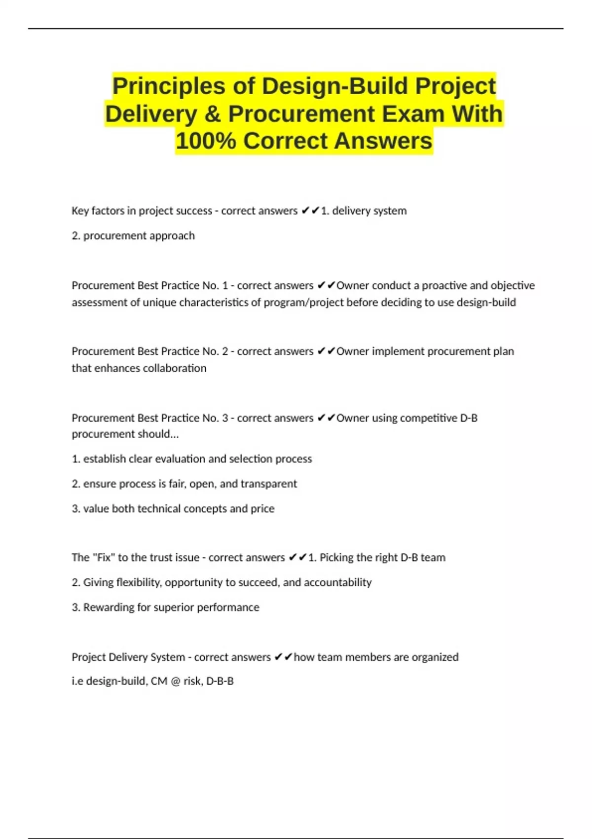 Principles of Design-Build Project Delivery & Procurement Exam With 100 ...