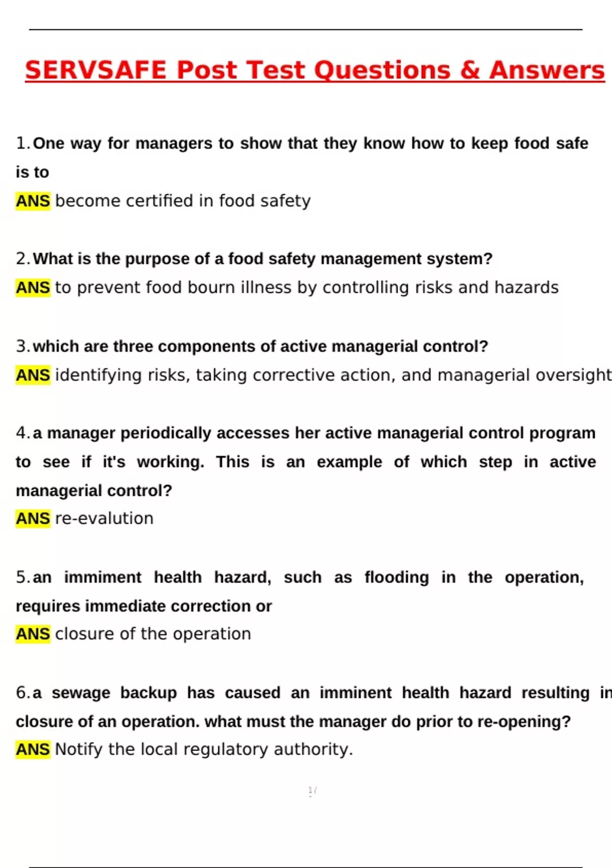 SERVSAFE Post Test Latest 2025 Actual Questions & Verified Answers ...