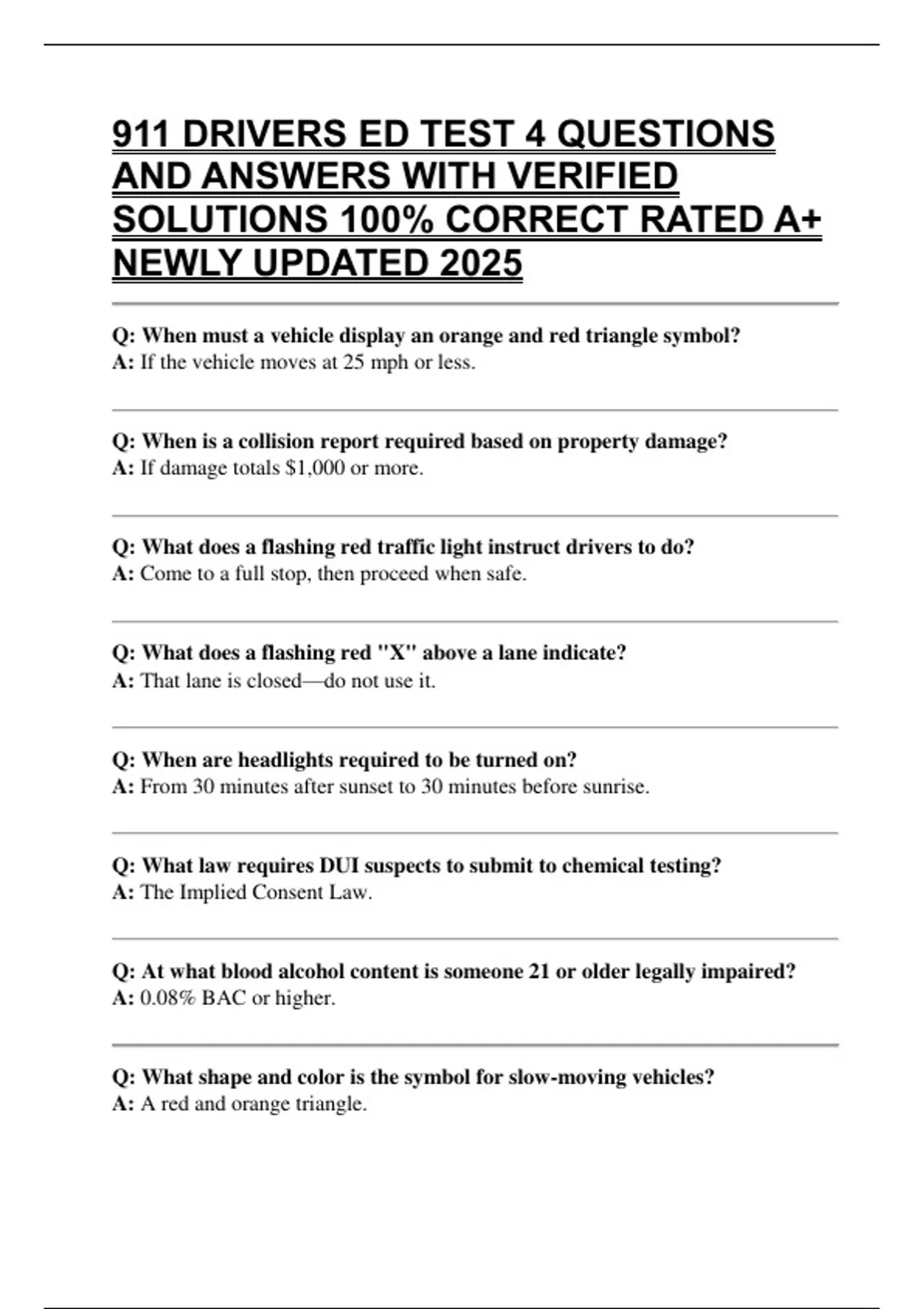 911 DRIVERS ED TEST 4 QUESTIONS AND ANSWERS WITH VERIFIED SOLUTIONS 100 ...