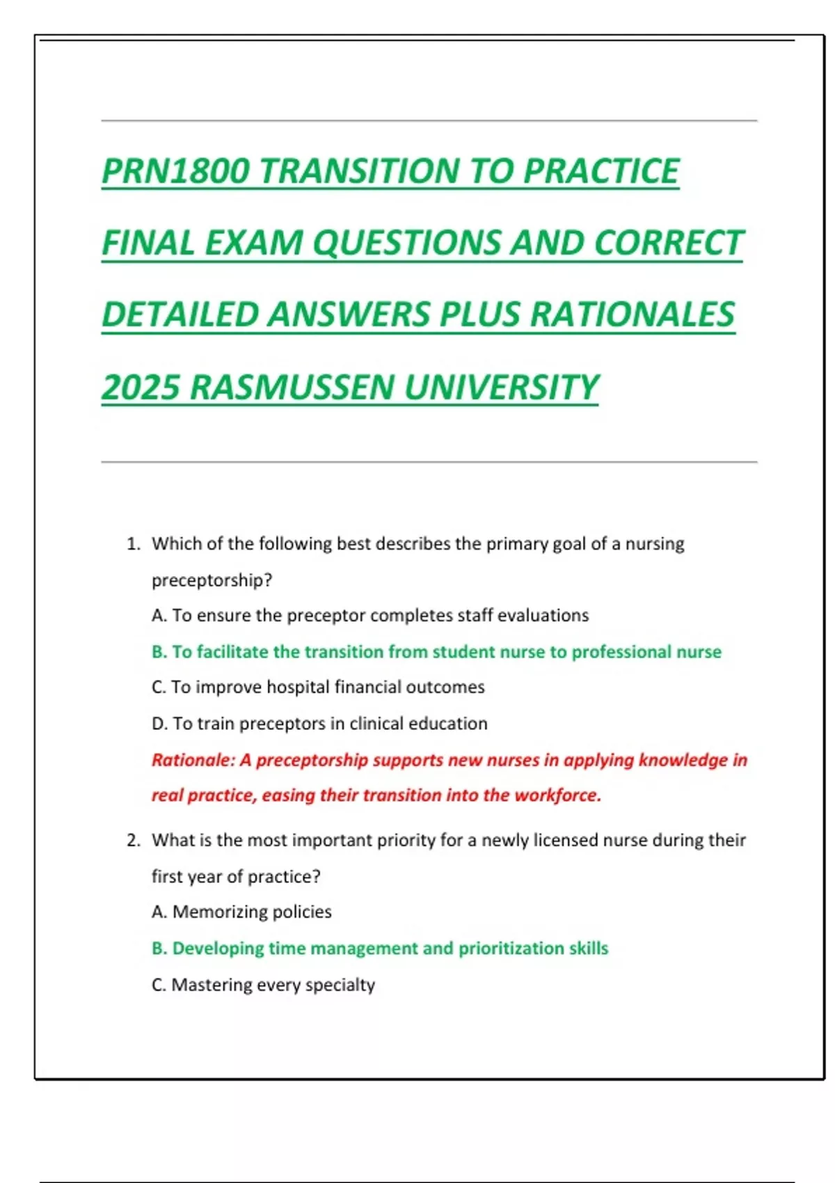 PRN1800 TRANSITION TO PRACTICE FINAL EXAM QUESTIONS AND CORRECT DETAILED ANSWERS PLUS RATIONALES ...