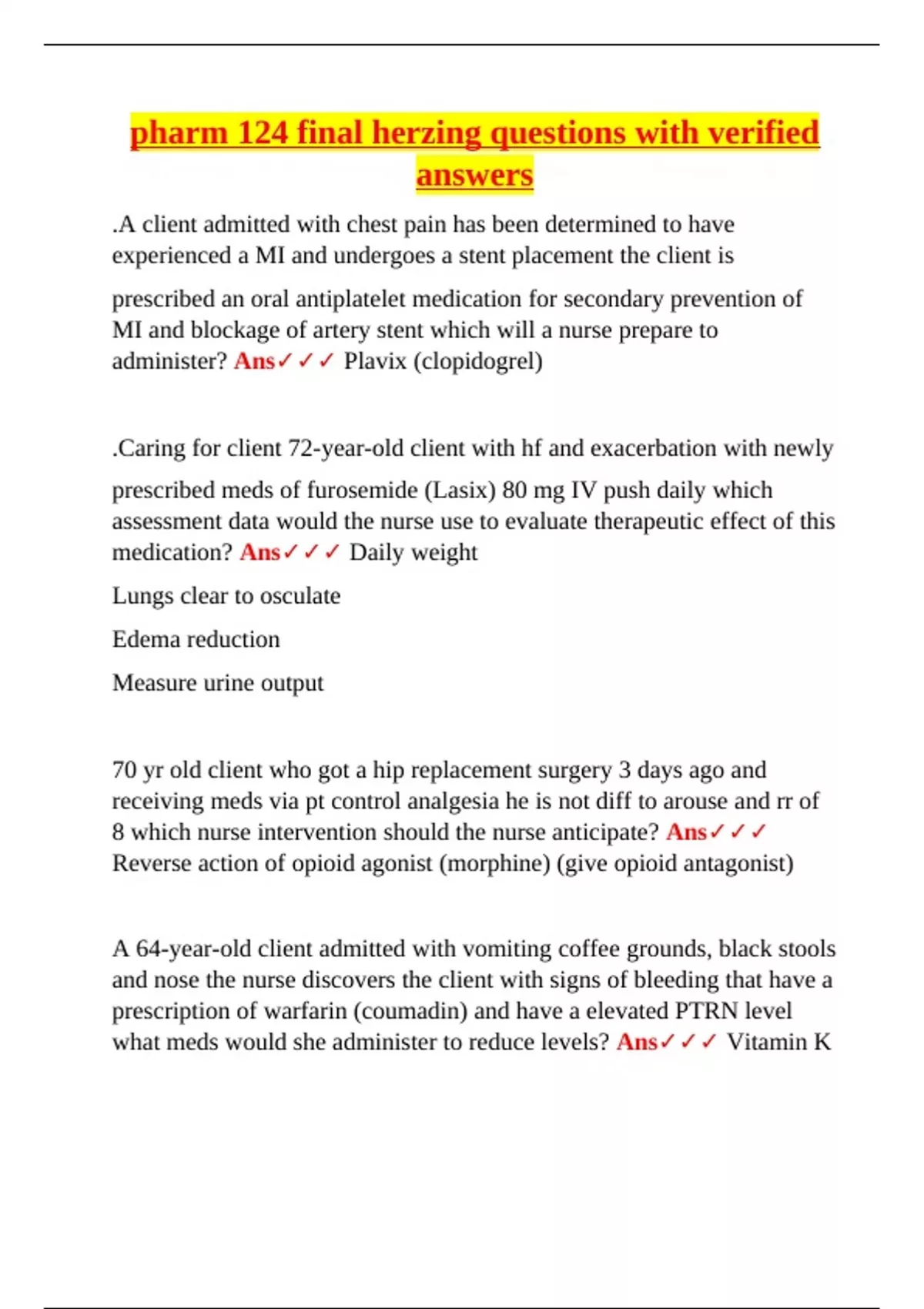 NSG 124 – Herzing University – Pharmacology Final Exam Questions with ...