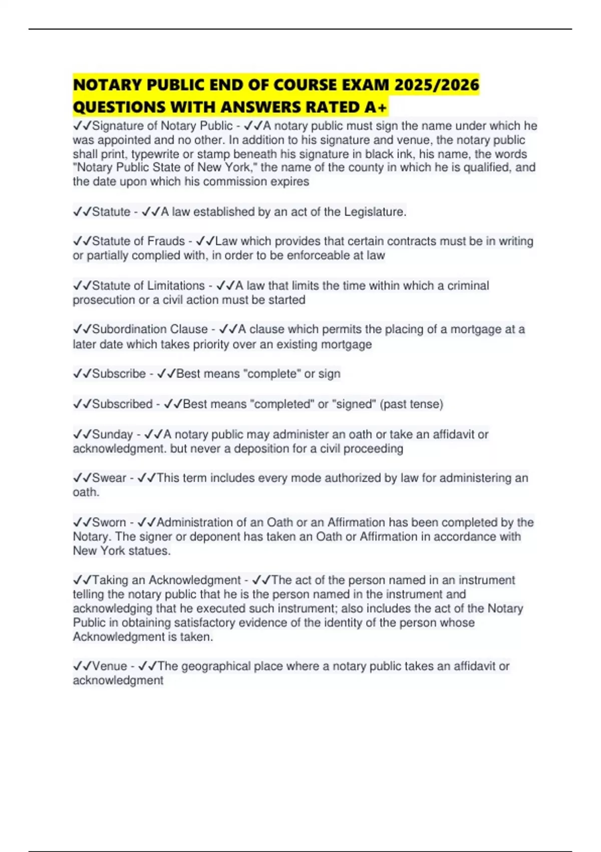 NOTARY PUBLIC END OF COURSE EXAM 2025/2026 QUESTIONS WITH ANSWERS RATED ...