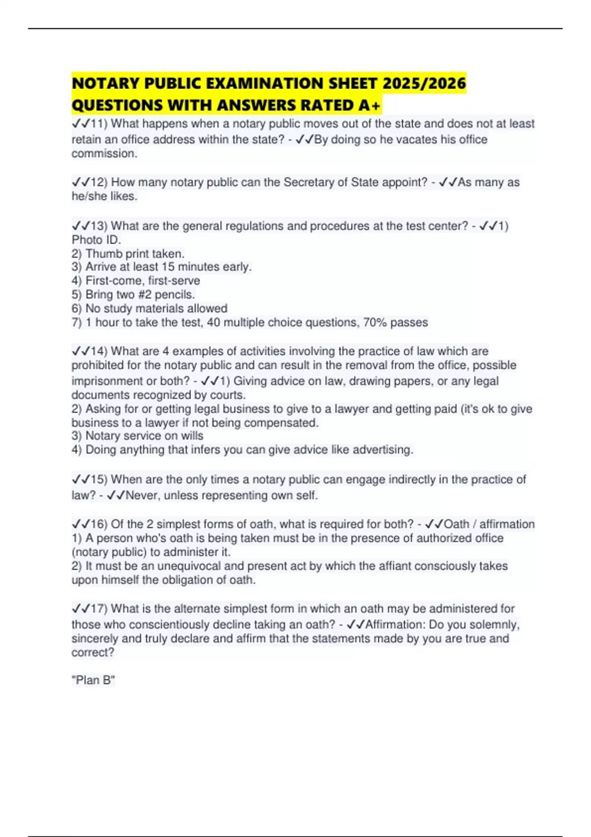 NOTARY PUBLIC EXAMINATION SHEET 2025/2026 QUESTIONS WITH ANSWERS RATED ...