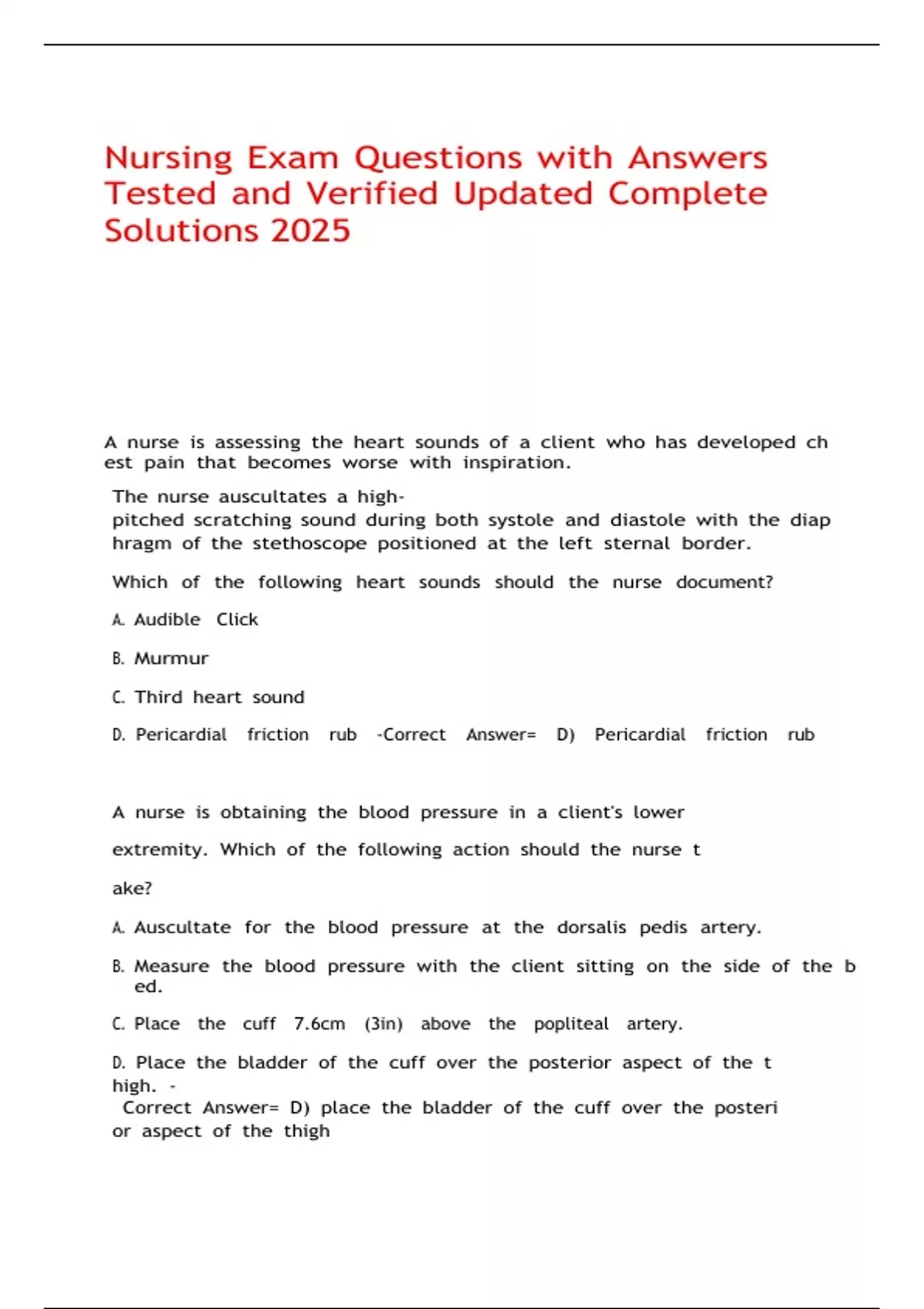 Nursing Exam Questions with Answers Tested and Verified Updated ...