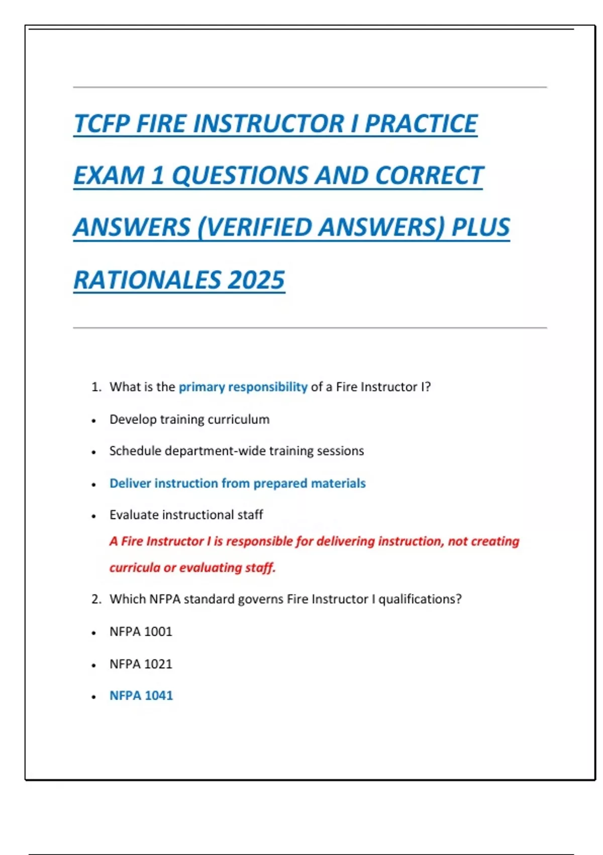 TCFP FIRE INSTRUCTOR I PRACTICE EXAM 1 QUESTIONS AND CORRECT ANSWERS ...