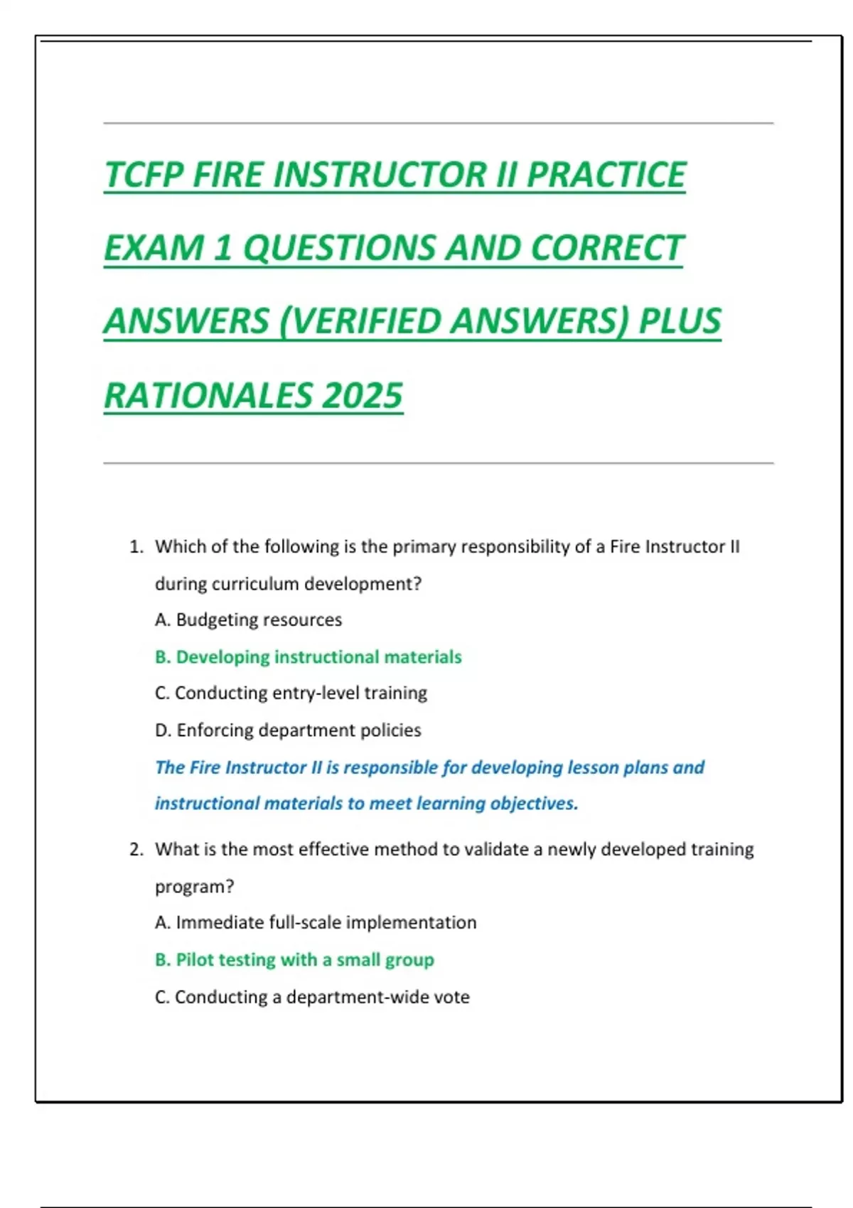TCFP FIRE INSTRUCTOR II PRACTICE EXAM 1 QUESTIONS AND CORRECT ANSWERS (VERIFIED ANSWERS) PLUS ...