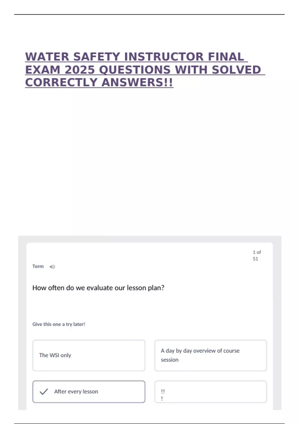 WATER SAFETY INSTRUCTOR FINAL EXAM 2025 QUESTIONS WITH SOLVED CORRECTLY ...