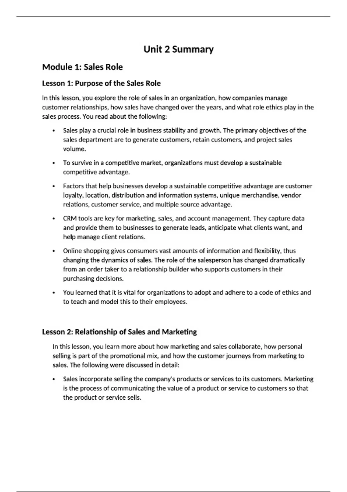 D099 Sales Management 2025 Unit 2 Summary Sales Role Latest 2025/2026 ...