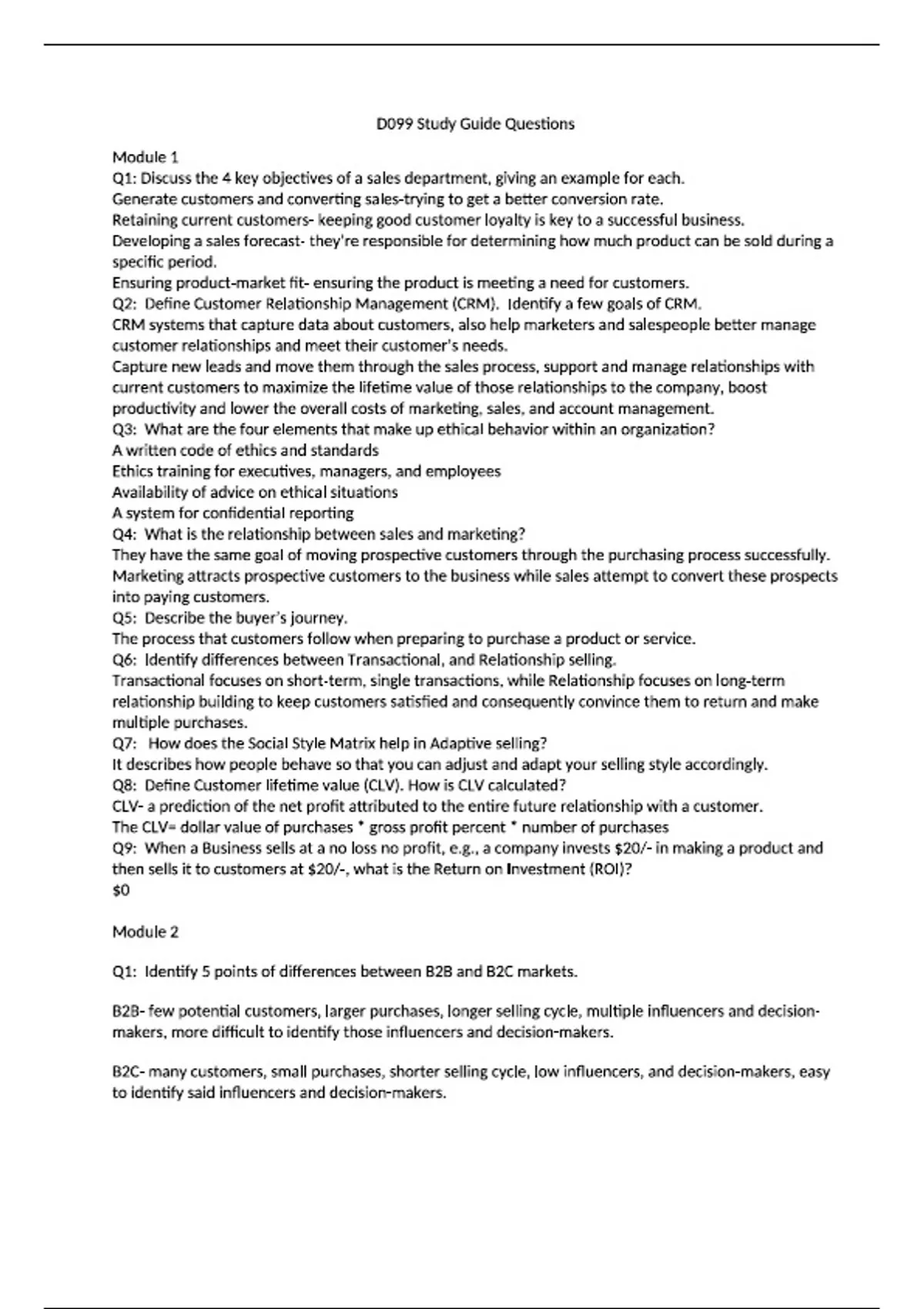 D099 Sales Management Study Guide Latest 2025/2026 Update with complete ...