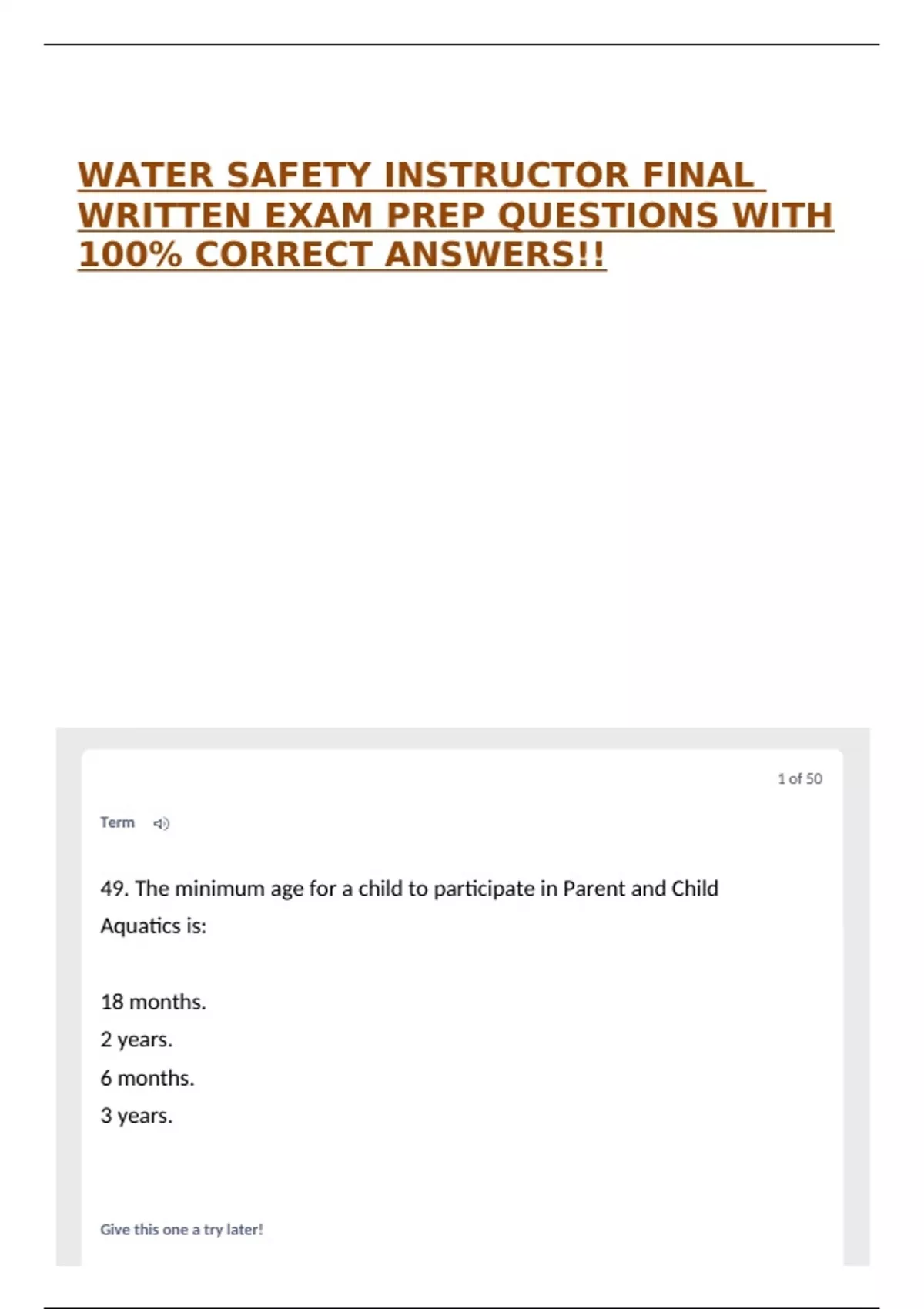 WATER SAFETY INSTRUCTOR FINAL WRITTEN EXAM PREP QUESTIONS WITH 100% ...