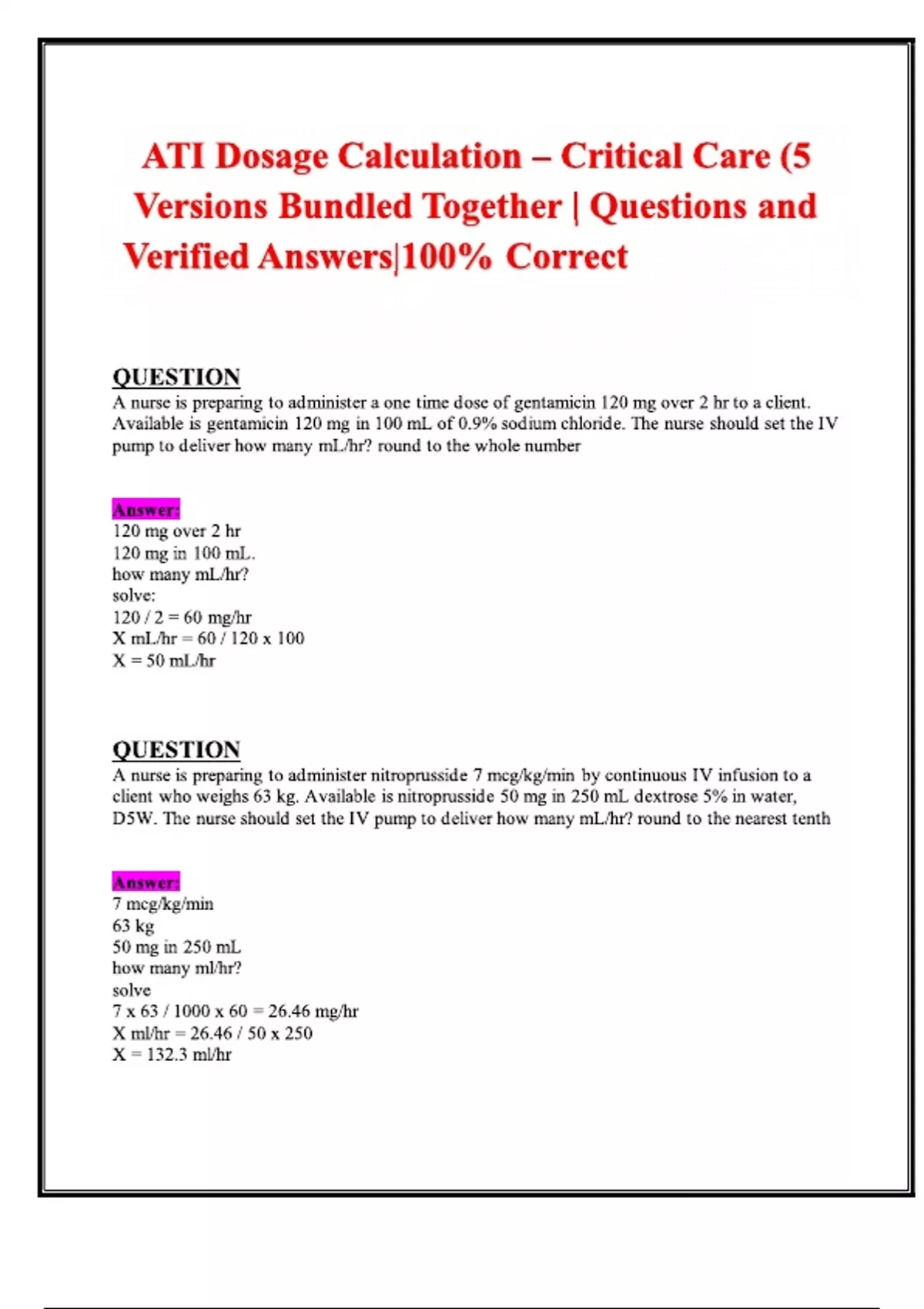 ATI Dosage Calculation – Critical Care 5 Versions TEST BANK ALL ...