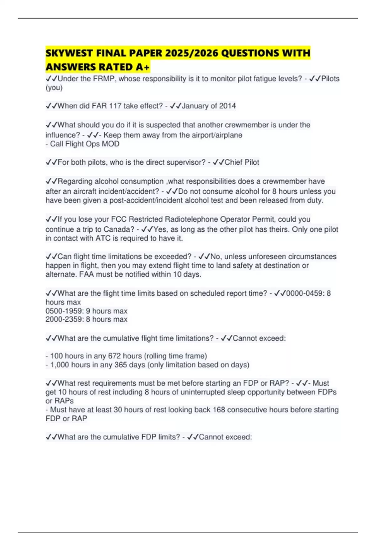 SKYWEST FINAL PAPER 2025/2026 QUESTIONS WITH ANSWERS RATED A+ - SKYWEST ...