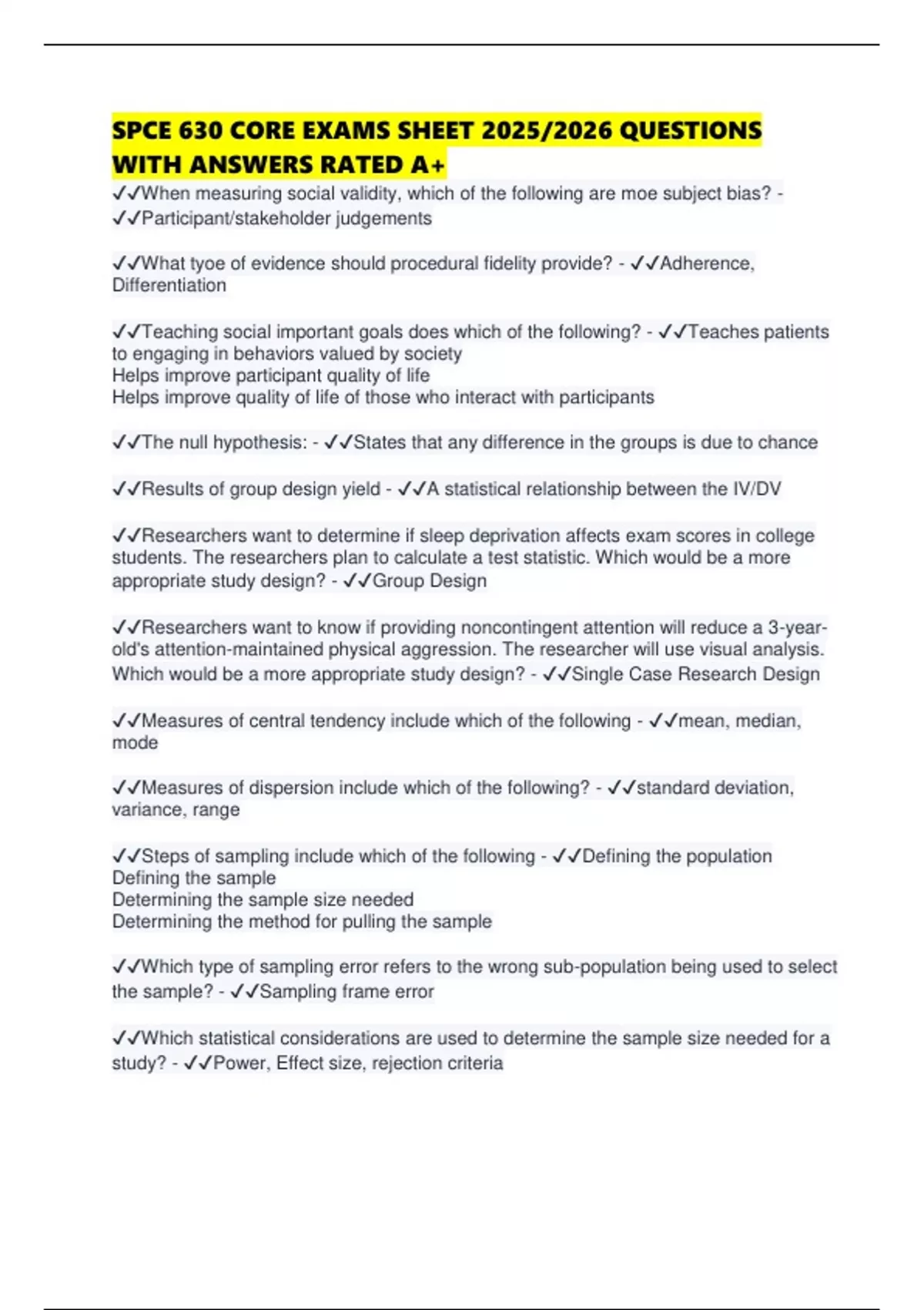 SPCE 630 CORE EXAMS SHEET 2025/2026 QUESTIONS WITH ANSWERS RATED A+ ...